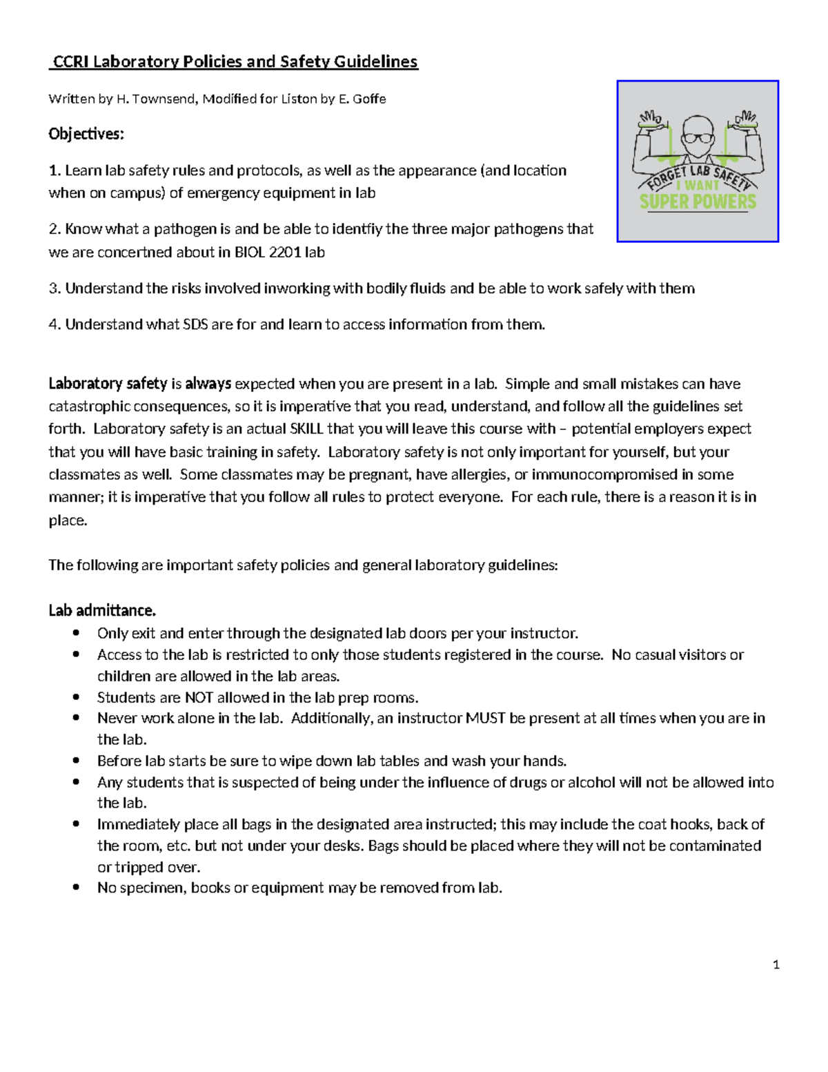 BIOL 2201: CCRI Lab Safety Policies & Guidelines for Students - Studocu