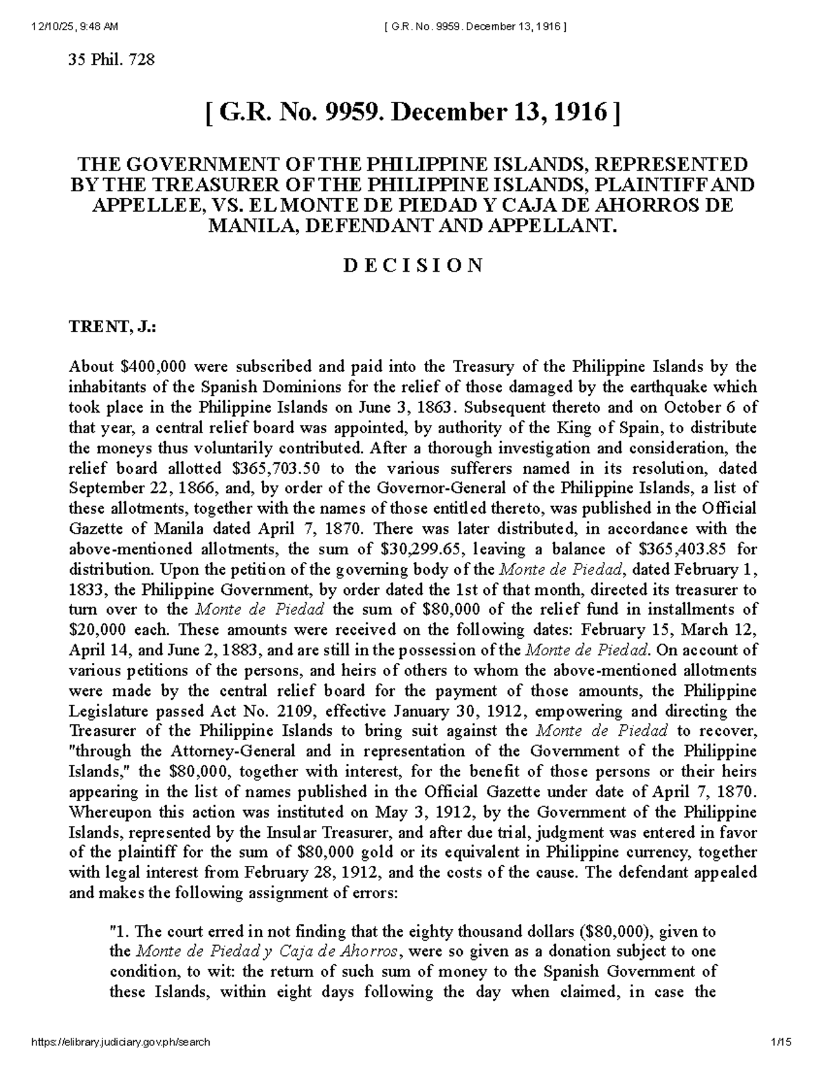 G.R. No. 9959: Case Digest on Monte de Piedad Decision (Dec 13, 1916 ...