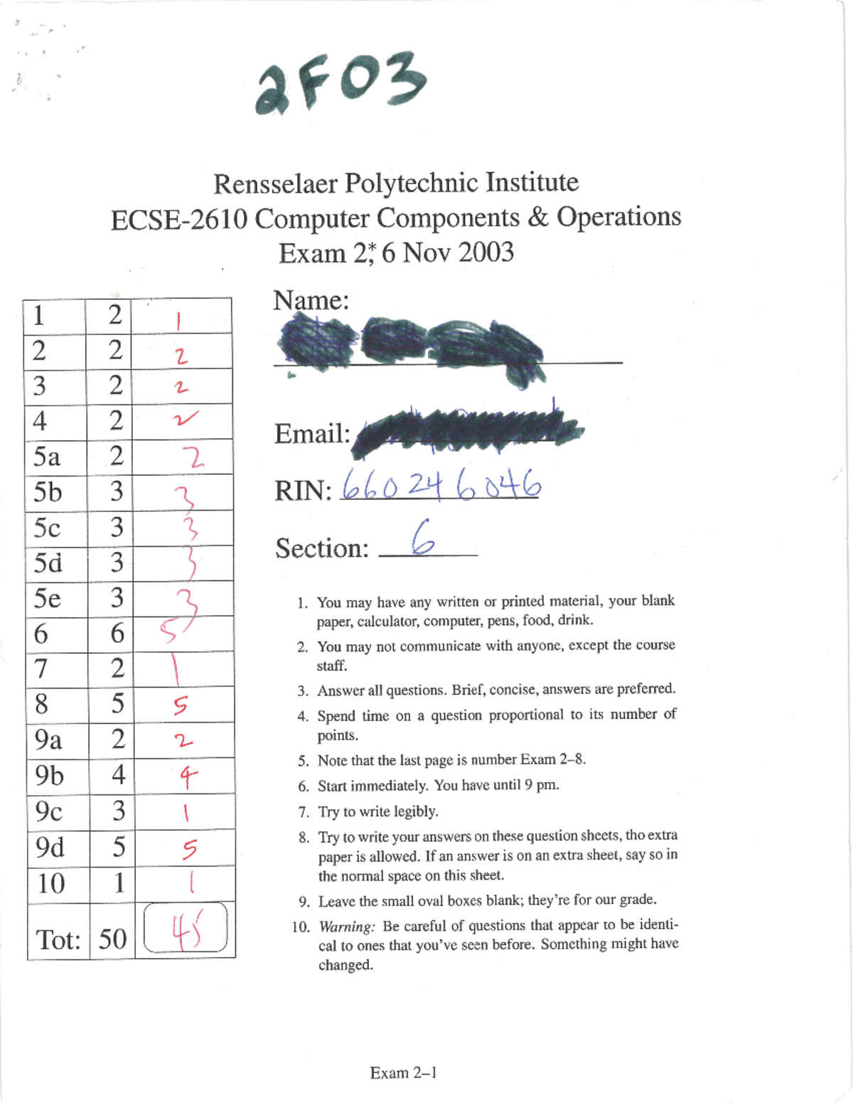 Midterm Exam 2F03 - Computer Components Operations, November 6, 2003 ...