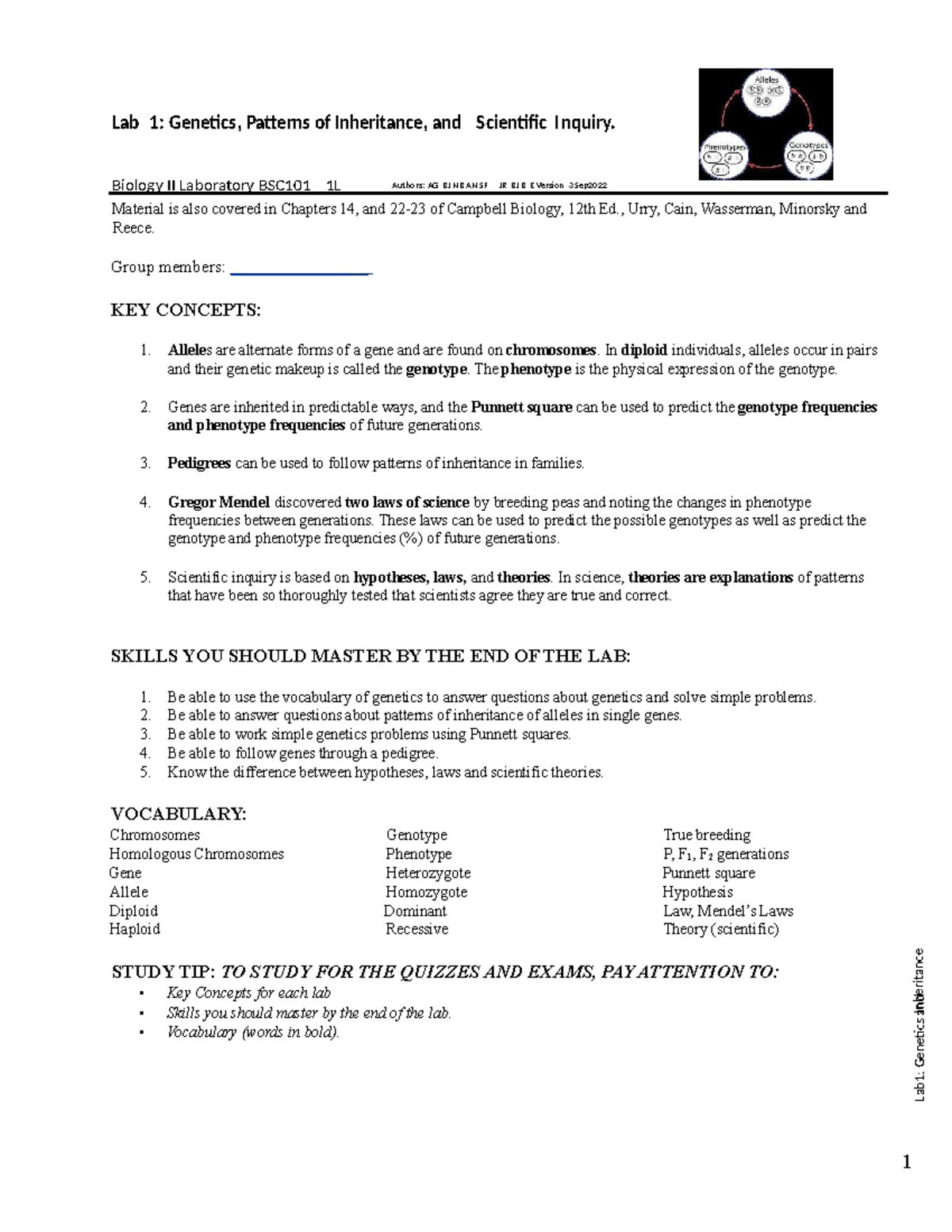 Lab 1: Genetics and Inheritance Principles in BSC1011L - Studocu