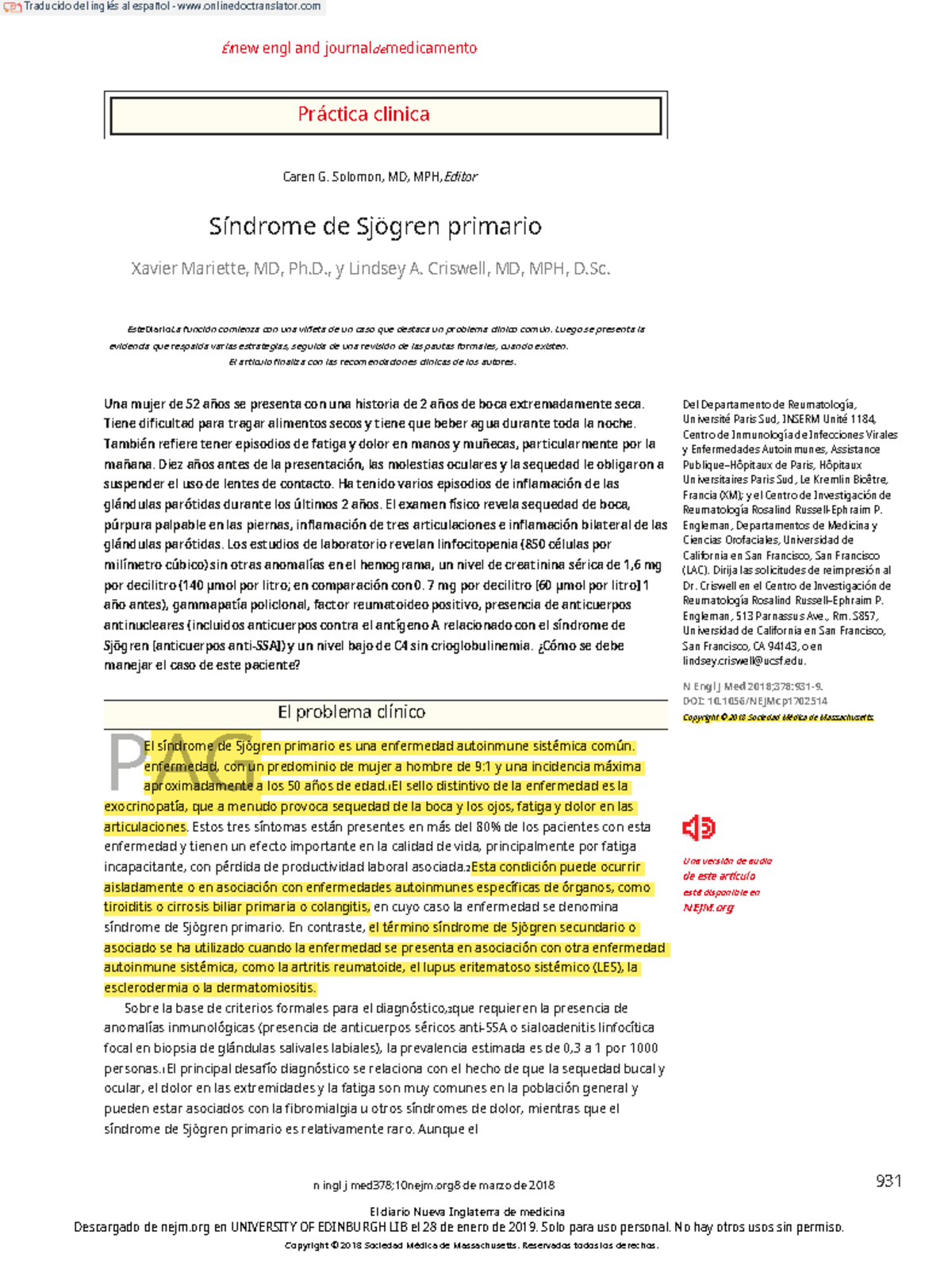 Revista N Engl J Med: Síndrome de Sjögren Primario y Práctica Clínica ...