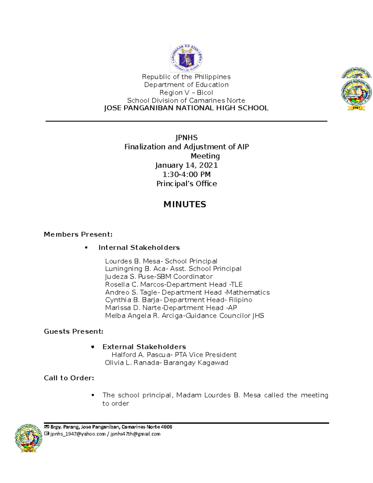 JPNHS Final Meeting Minutes for AIP Adjustment, January 2021 - Studocu