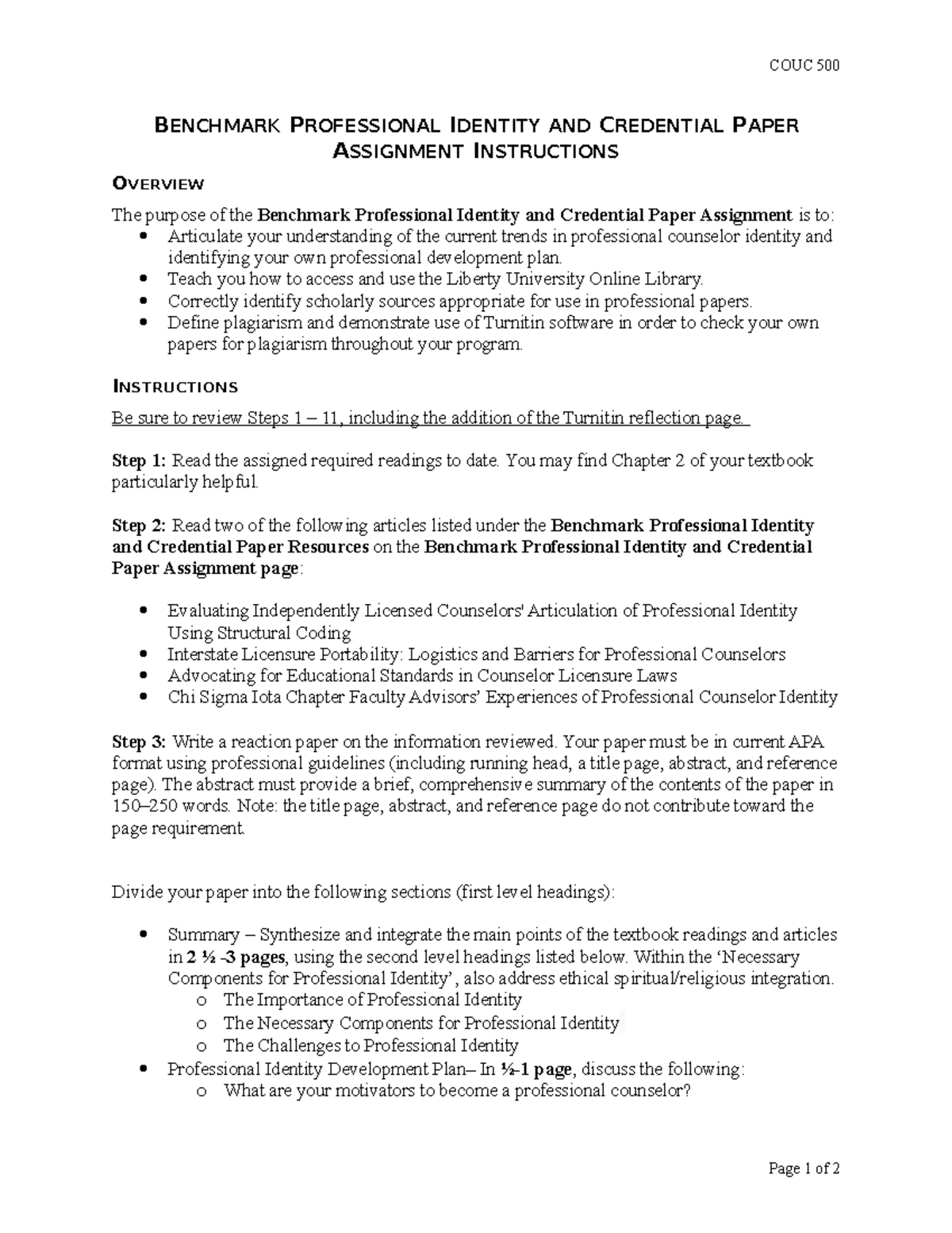 Benchmark Professional Identity and Credential Paper Assignment ...