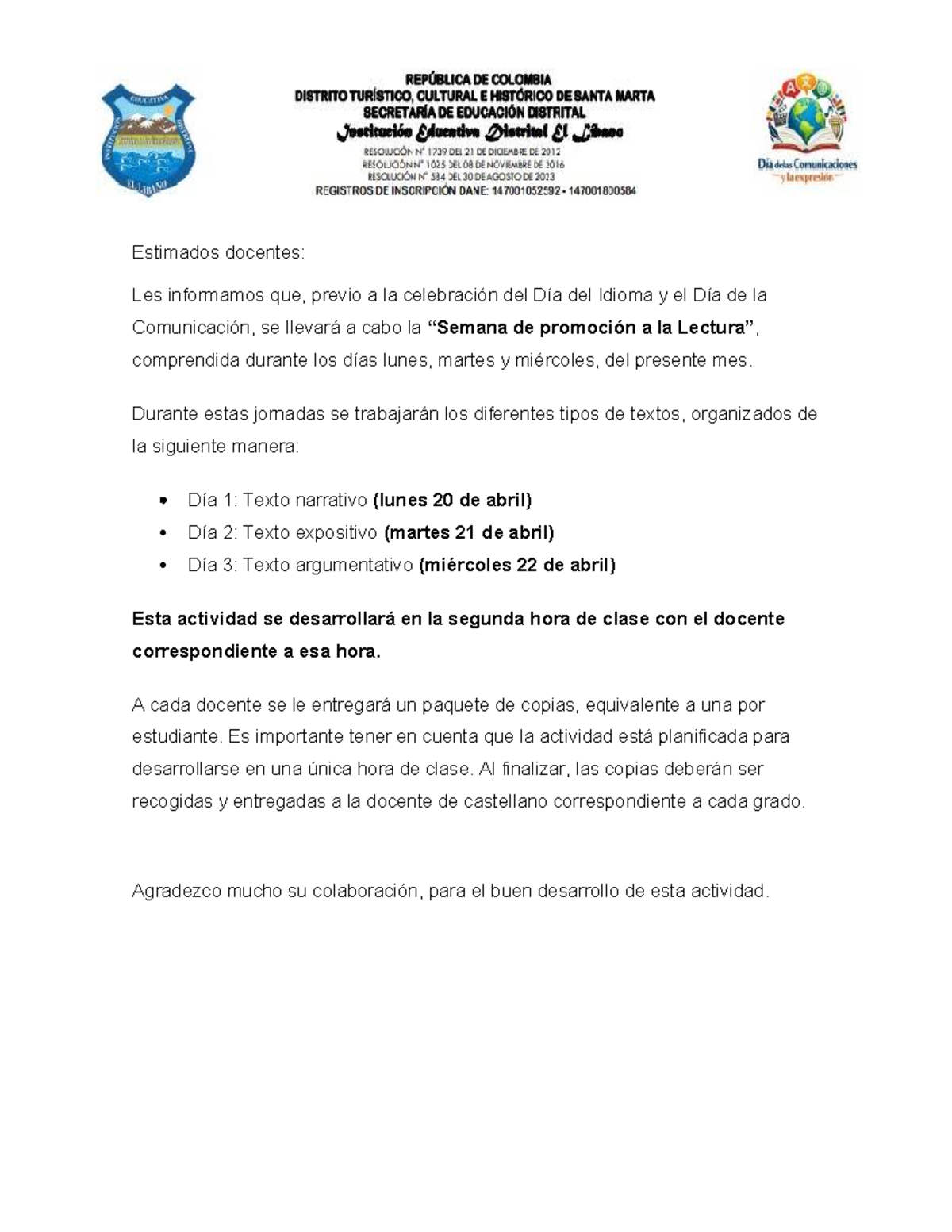 Semana de la Lectura: Actividades por Día y Texto - Studocu