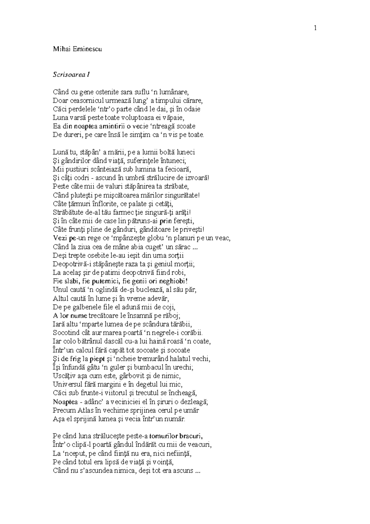 Scrisoarea I de Mihai Eminescu - Analiză Literară Ddfvv - Studocu