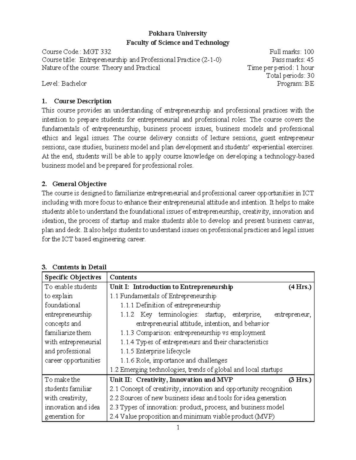 MGT 332: Entrepreneurship and Professional Practice Syllabus - Studocu