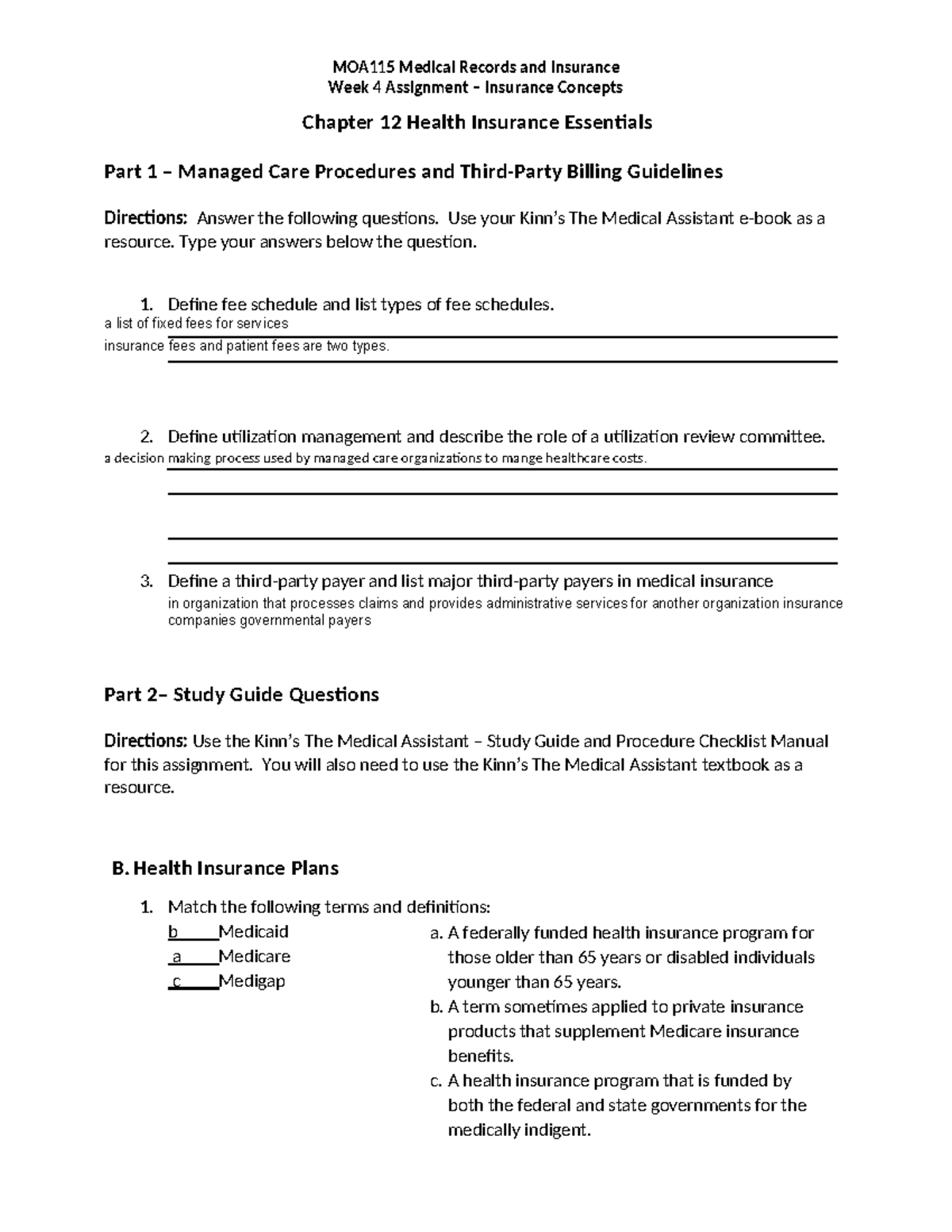 MOA115 Week 4 Assignment: Health Insurance Essentials & Managed Care ...