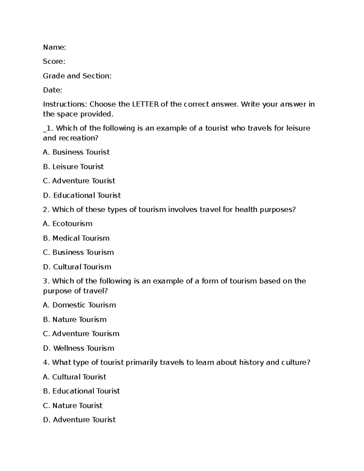 TLE 7 Quiz: Tourism, Hospitality, and Food Service Concepts - Studocu