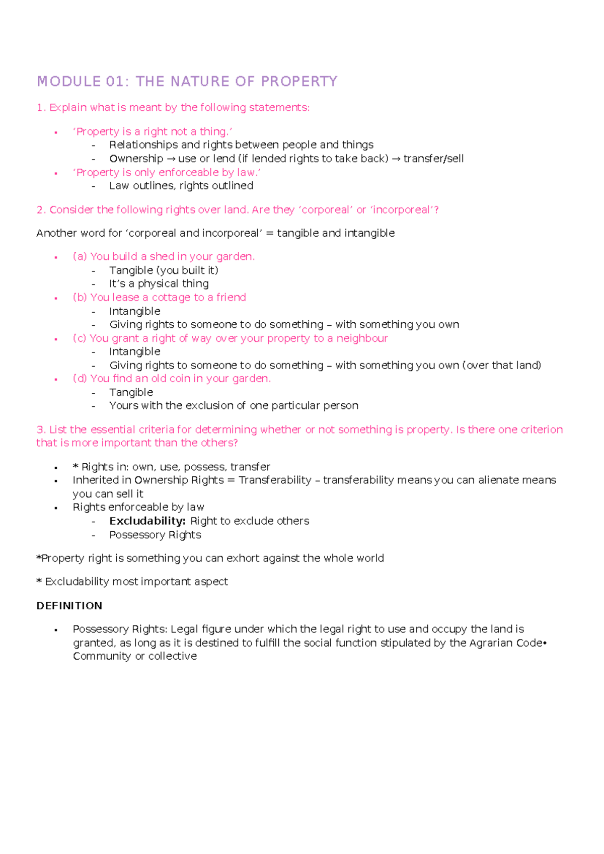 BLAW2009 Tutorial Notes - MODULE 01: THE NATURE OF PROPERTY 1. Explain ...