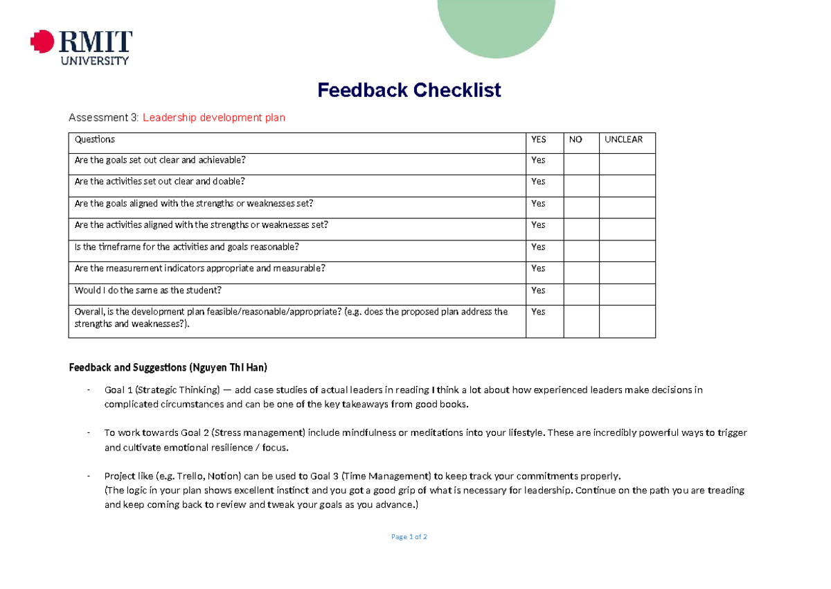 A3: Leadership Development Plan Feedback Checklist - Studocu