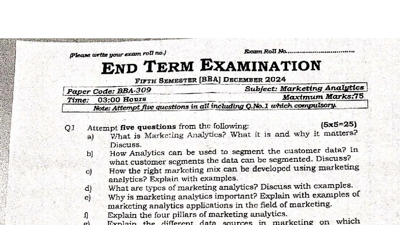Marketing Analytics Exam Roll No. End Term Exam - Dec 2024 - Studocu