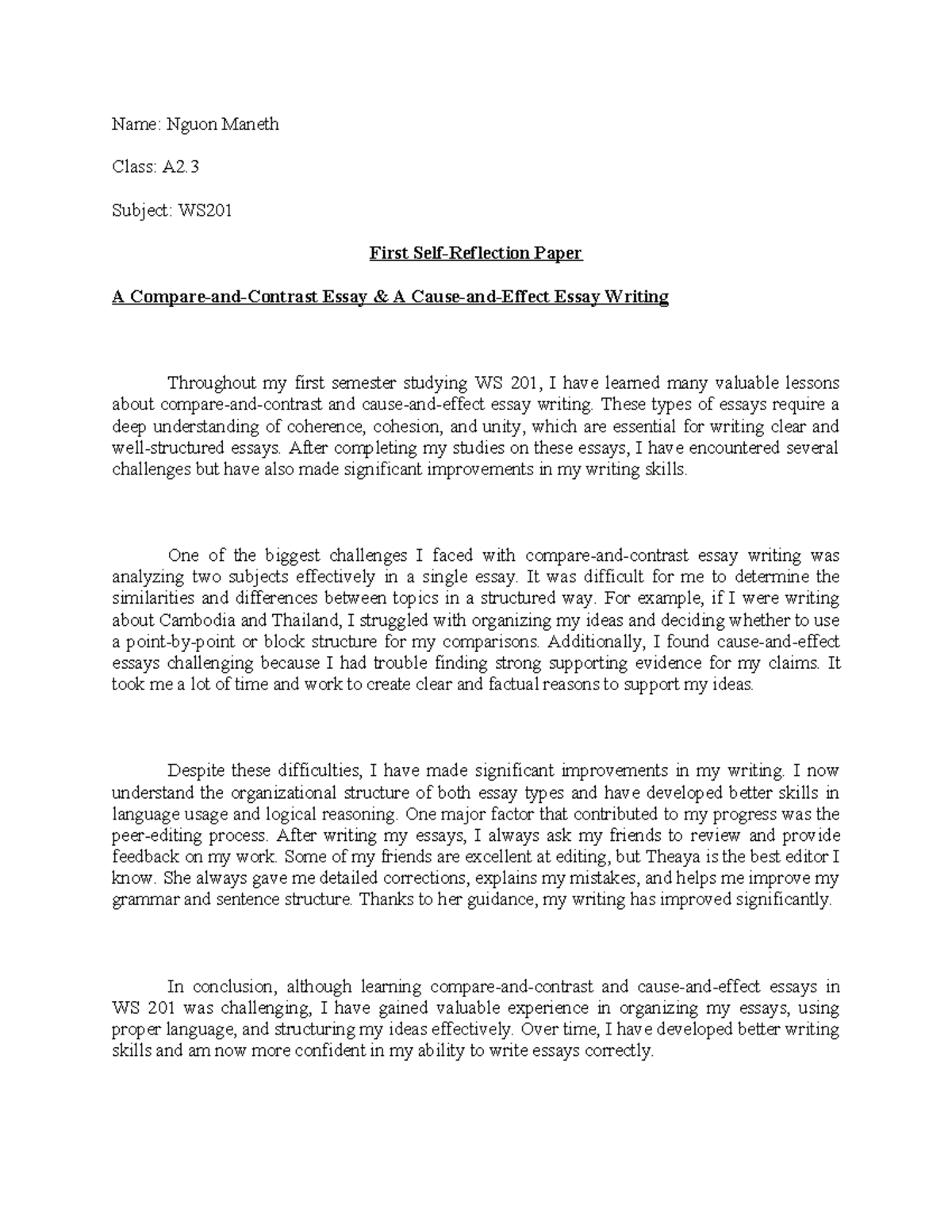 Reflection Paper WS201 - Name: Nguon Maneth Class: A2. Subject: WS ...