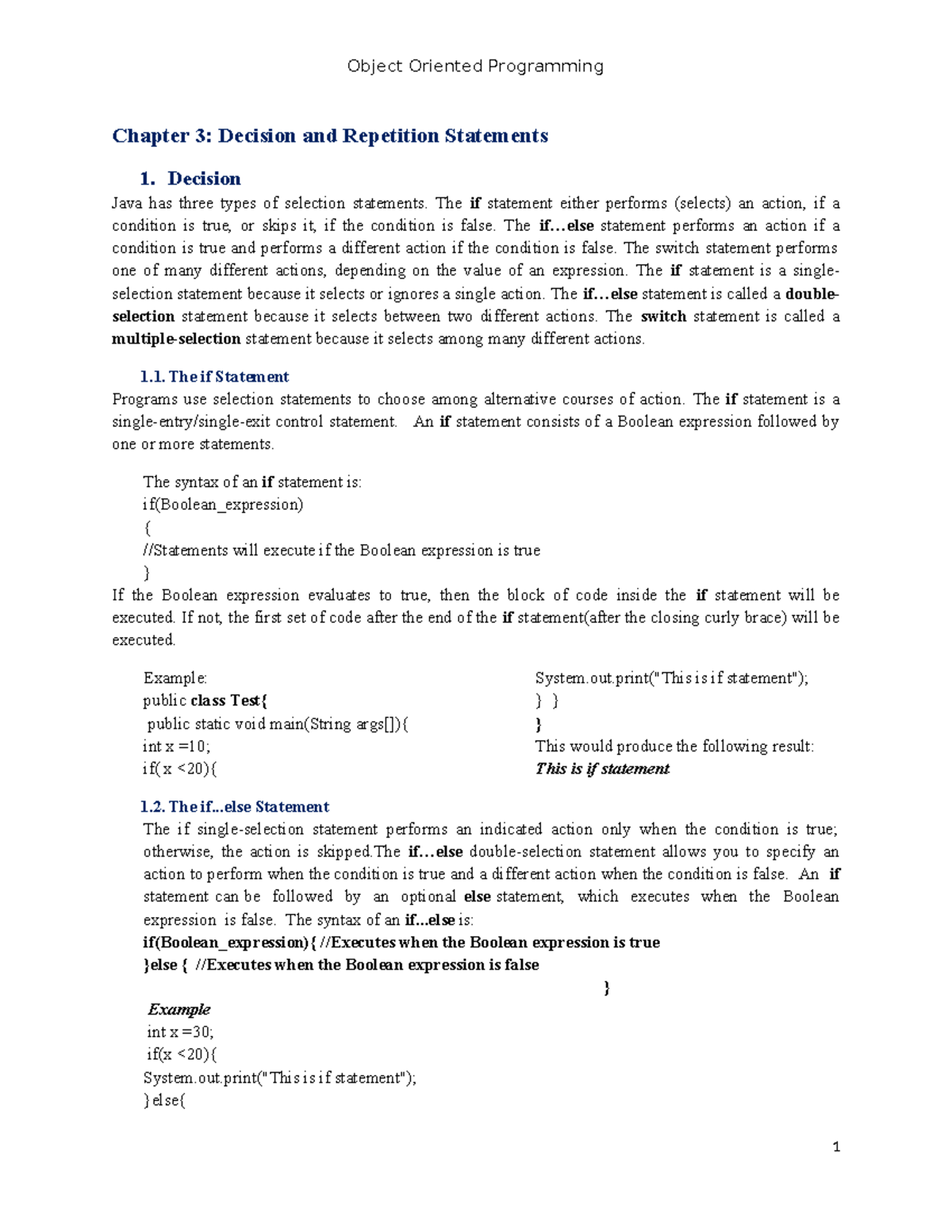 Chapter 3: Decision & Repetition Statements in Java (CS101) - Studocu