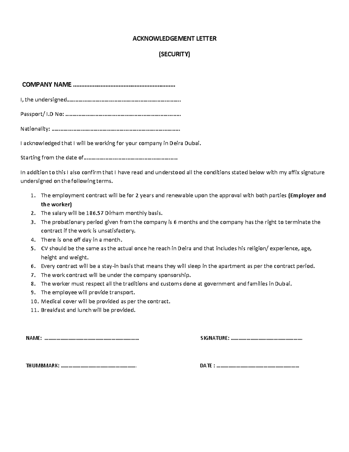 HSW Acknowledment Letter - ACKNOWLEDGEMENT LETTER (SECURITY) COMPANY ...