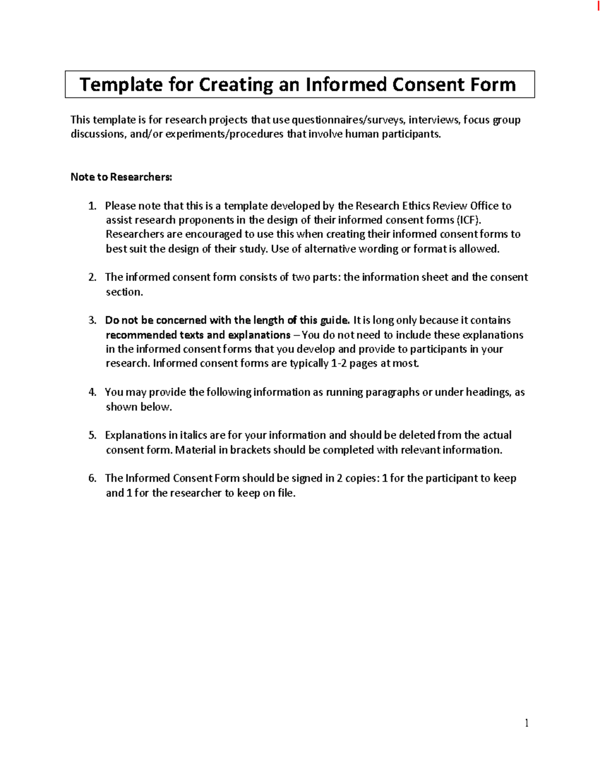 Informed Consent Form Template for Research Projects - Studocu
