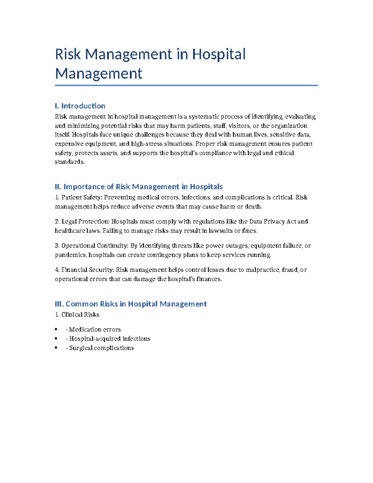 Risk Management in Hospital Management: Importance & Common Risks - Studocu