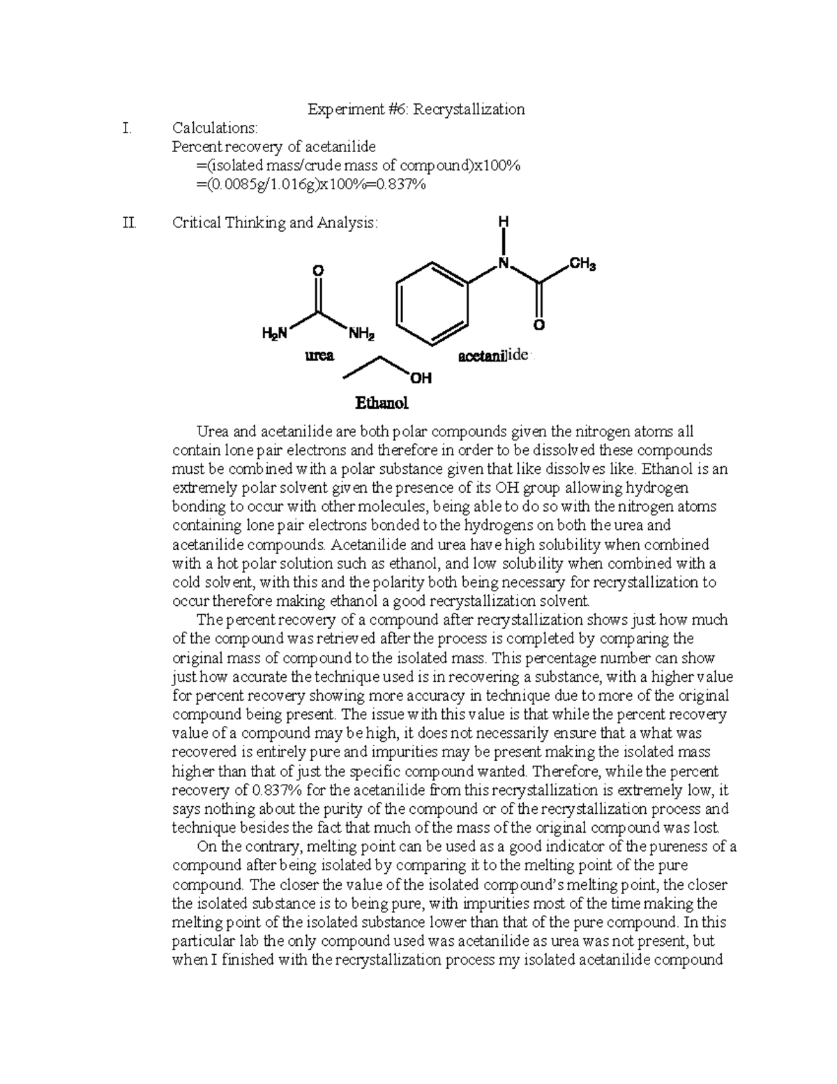 Experiment 6 post lab - lab report - Experiment #6: Recrystallization I ...