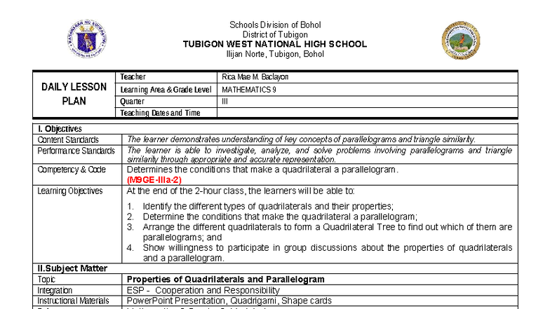 MATHEMATICS 9 DAILY LESSON PLAN: Properties of Quadrilaterals - Studocu