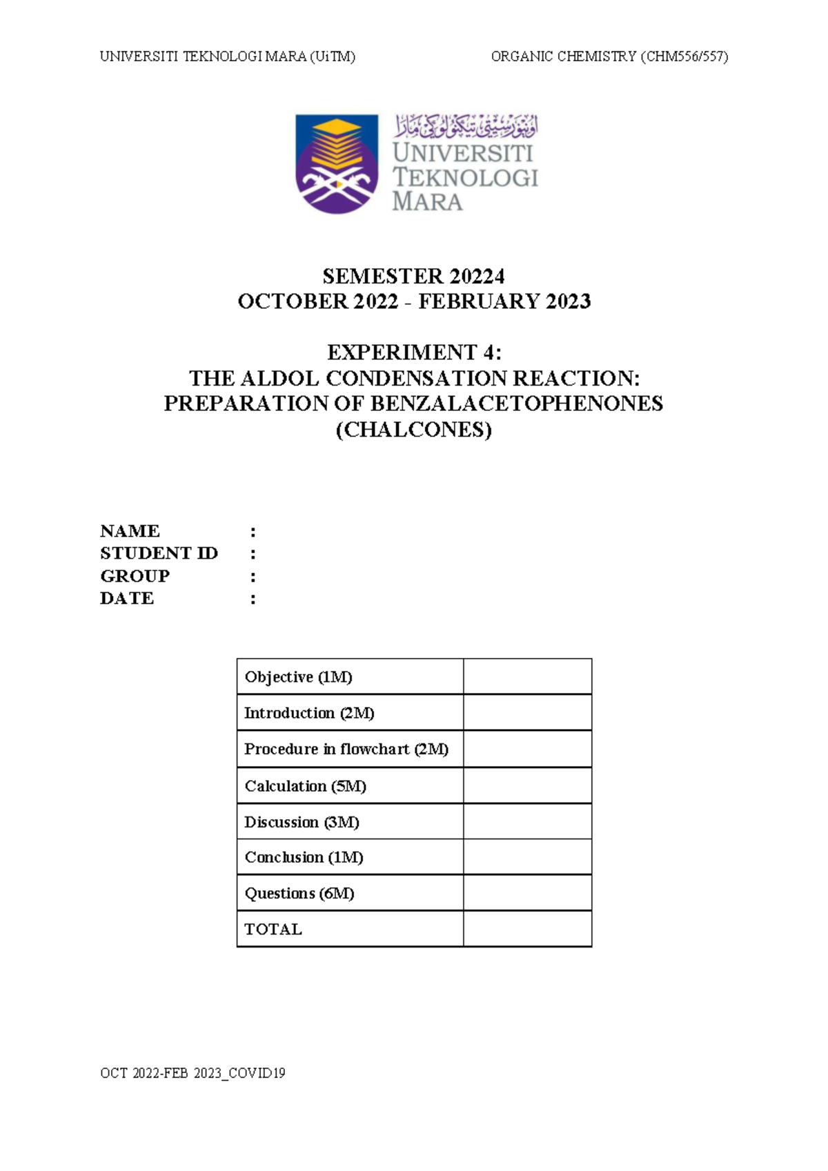 CHM557 Organic Chemistry Experiment 4: Aldol Condensation Reaction ...