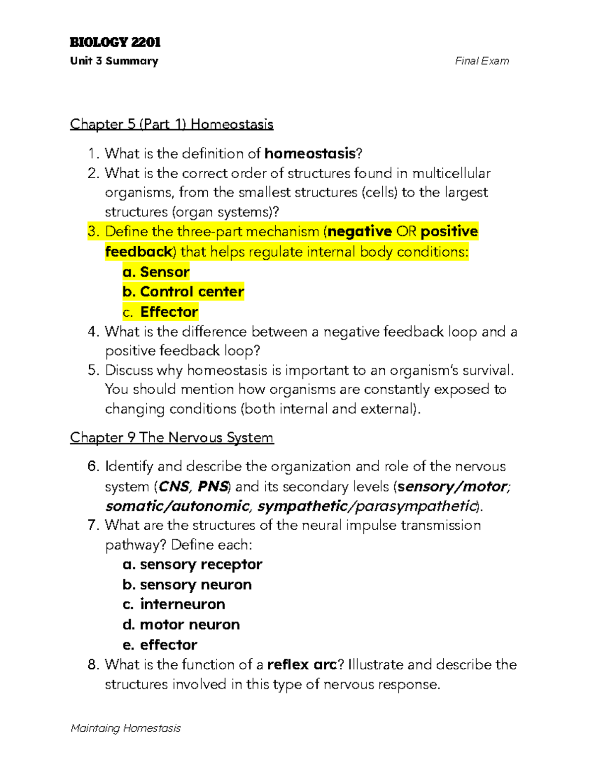BIOLOGY 2201 Unit 3 Final Exam Review: Homeostasis & Nervous System ...