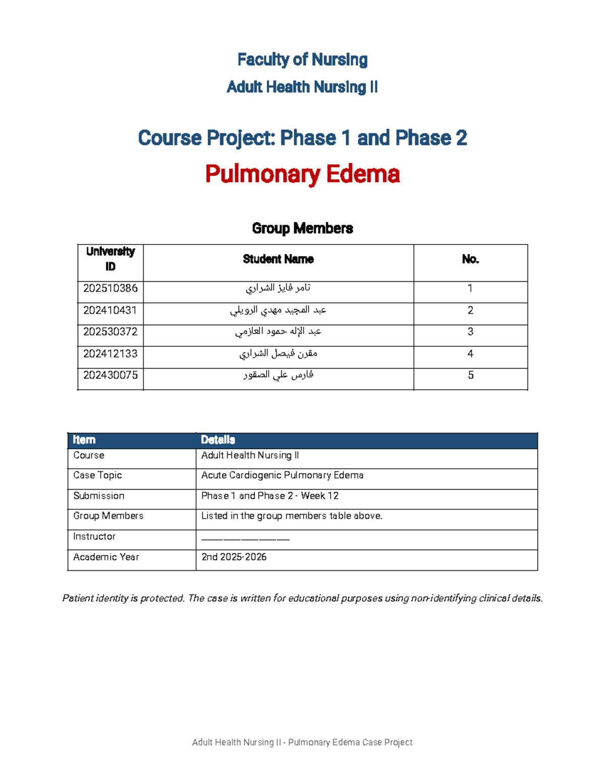 Adult Health Nursing II Case Project: Pulmonary Edema Analysis and Care ...