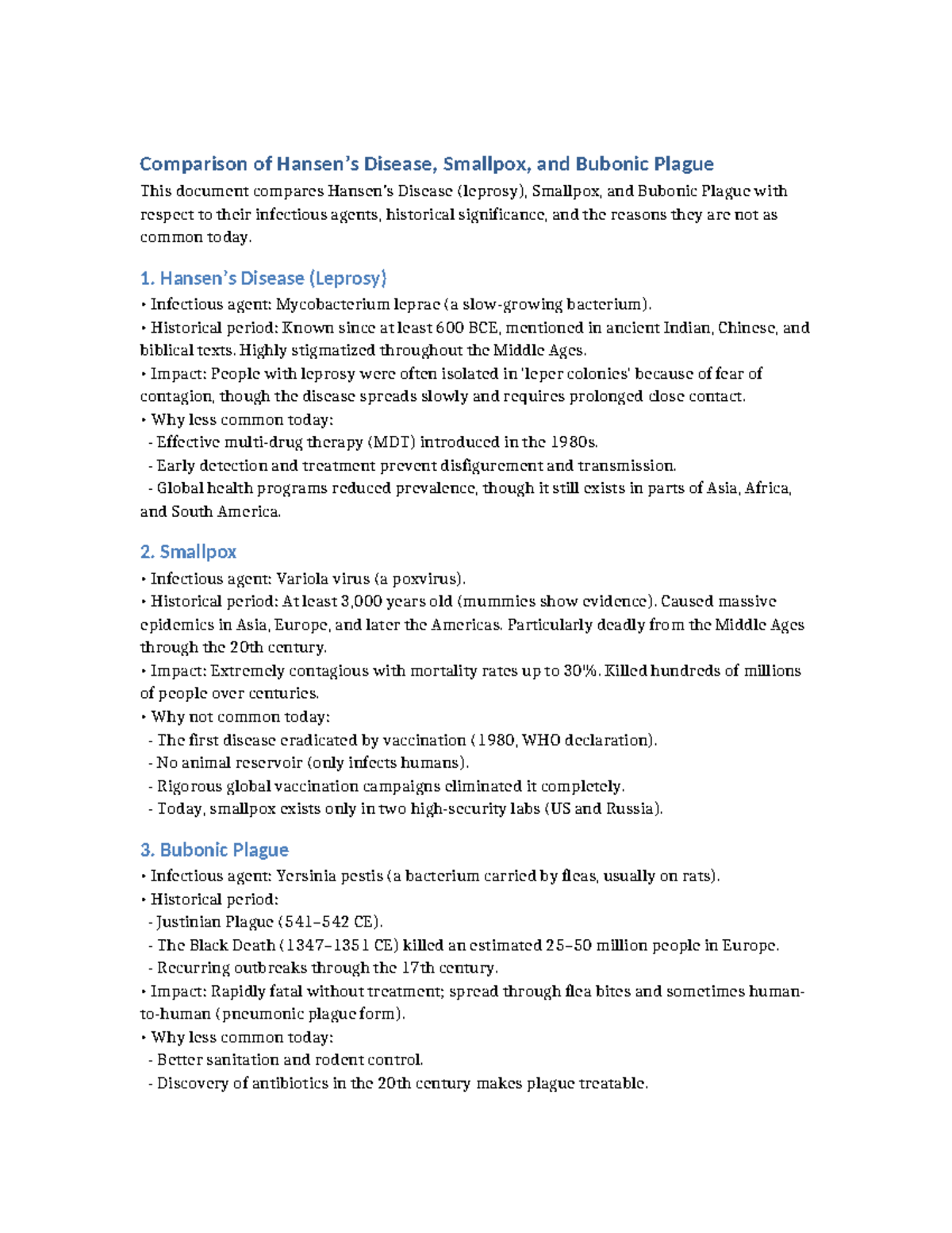 Comparison of Diseases: Leprosy, Smallpox, and Plague - Studocu