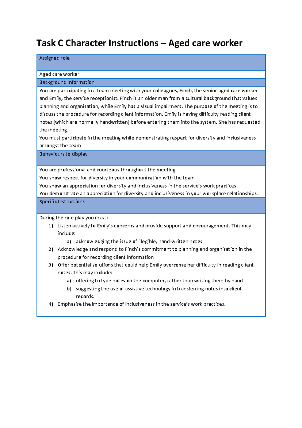 AGE Task C: Character Instructions for Aged Care Worker Role Play - Studocu