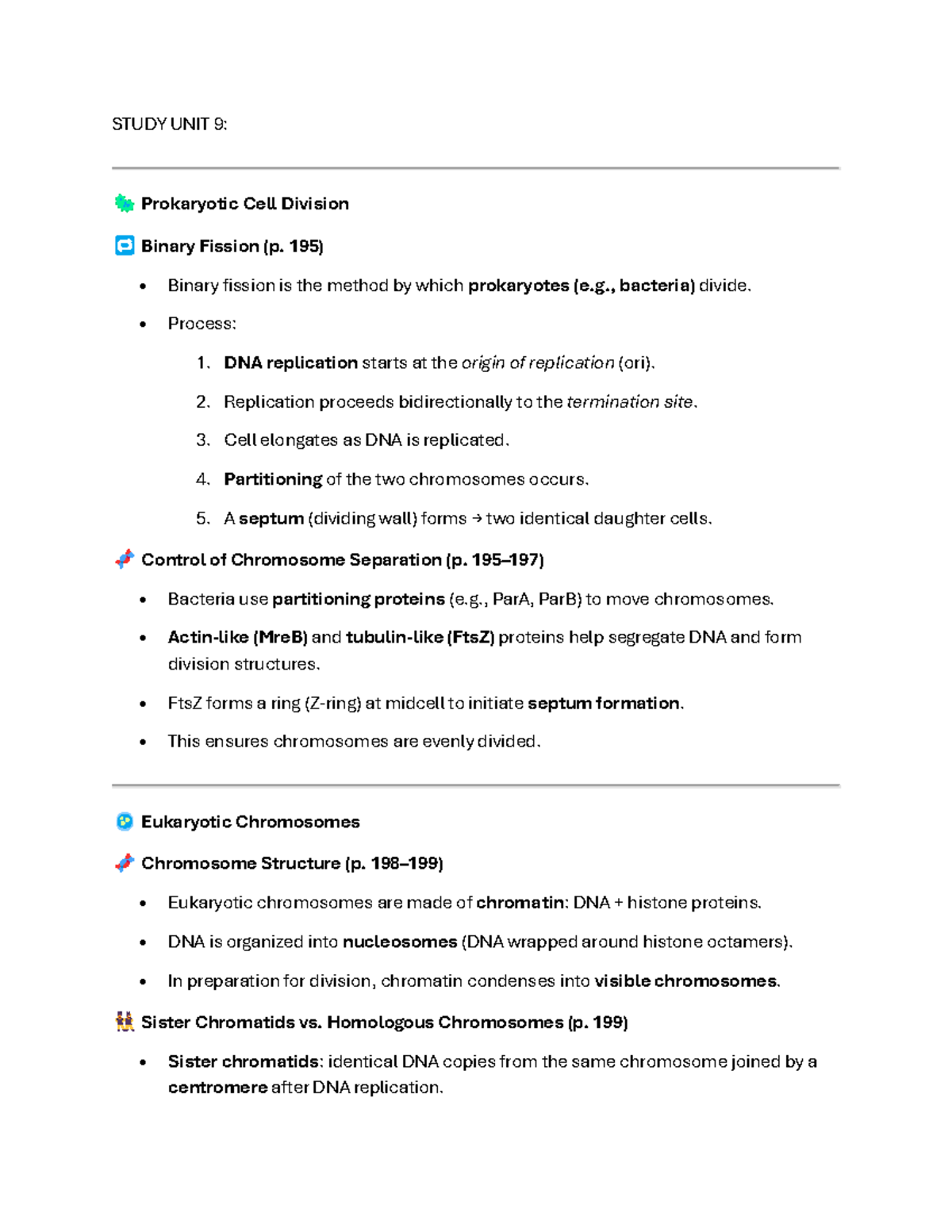 Study Unit 9: Summary of Prokaryotic & Eukaryotic Cell Division - Studocu
