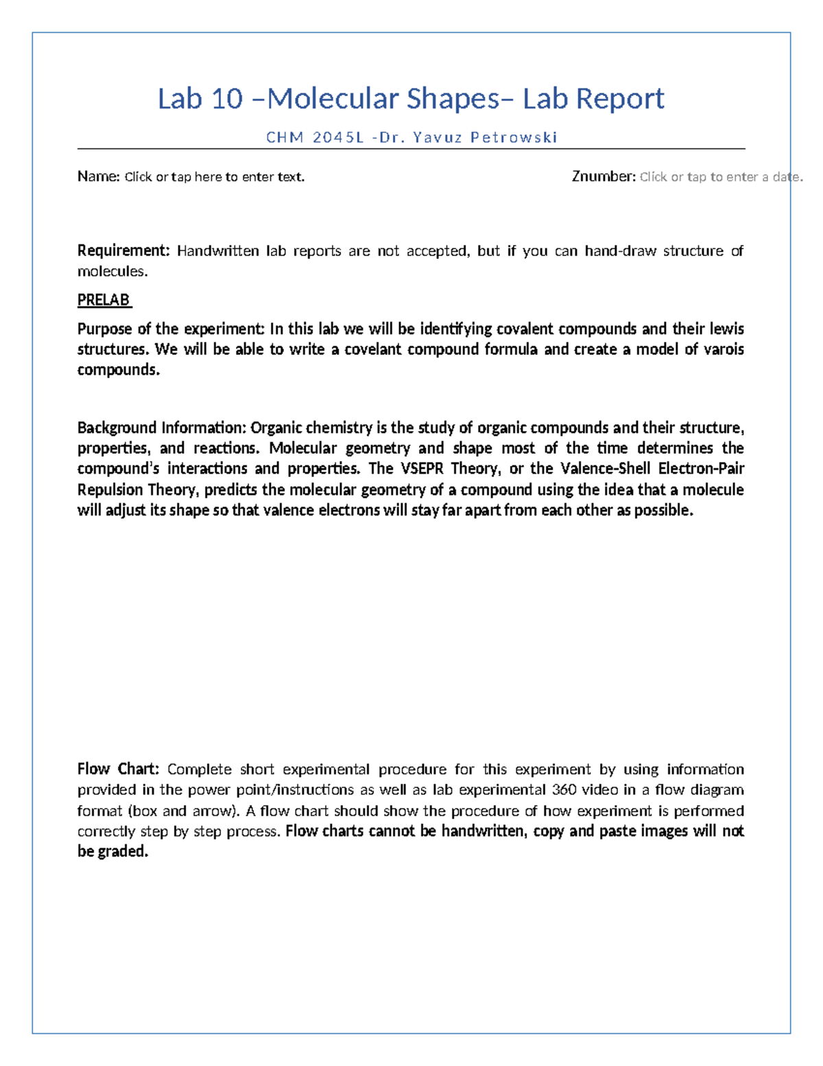 Lab 10 - Molecular Shapes & Structures - CHM 2045L Report - Studocu