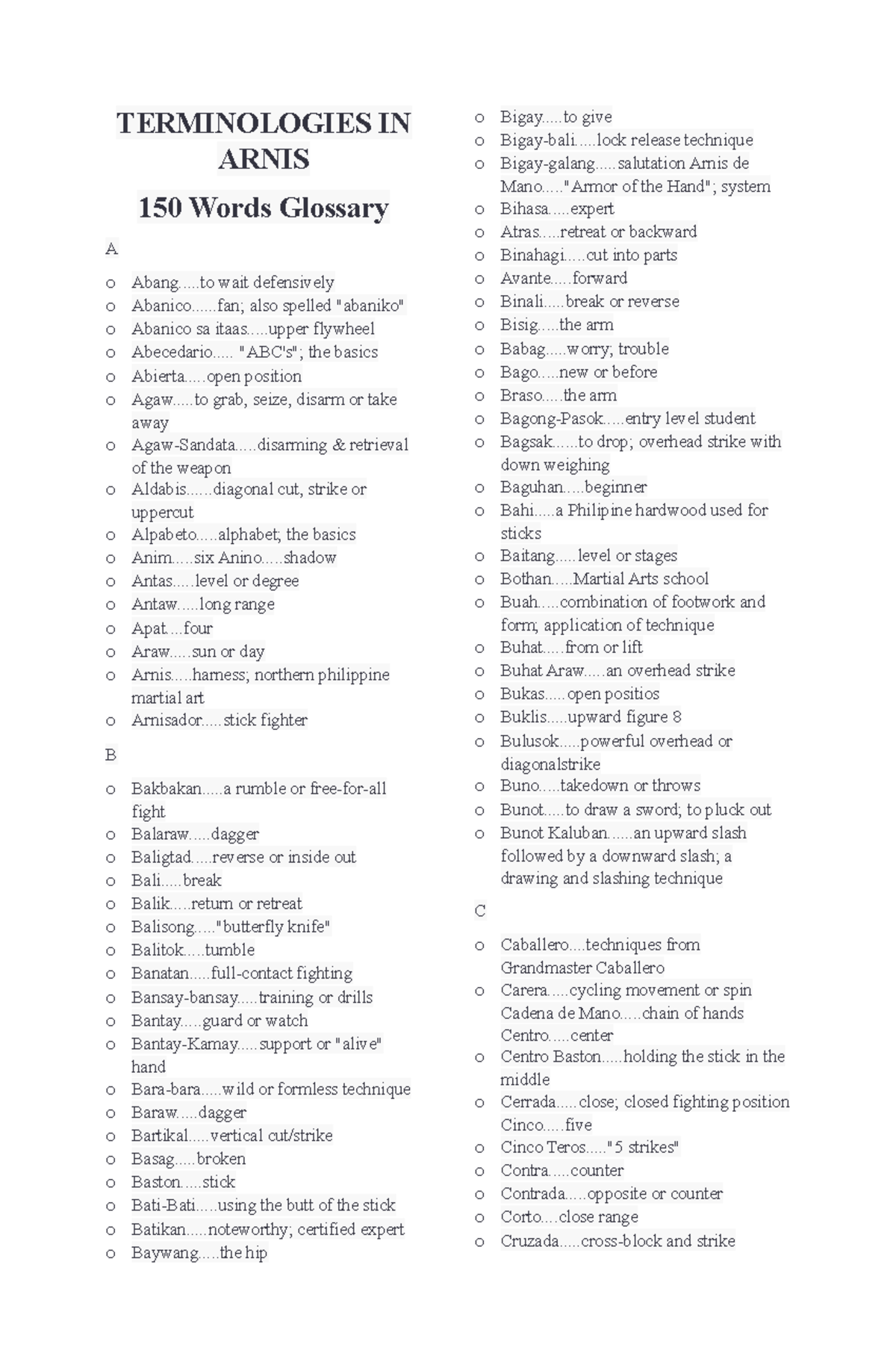 Arnis Terminologies: A 150-Word Glossary for Martial Arts Terms - Studocu