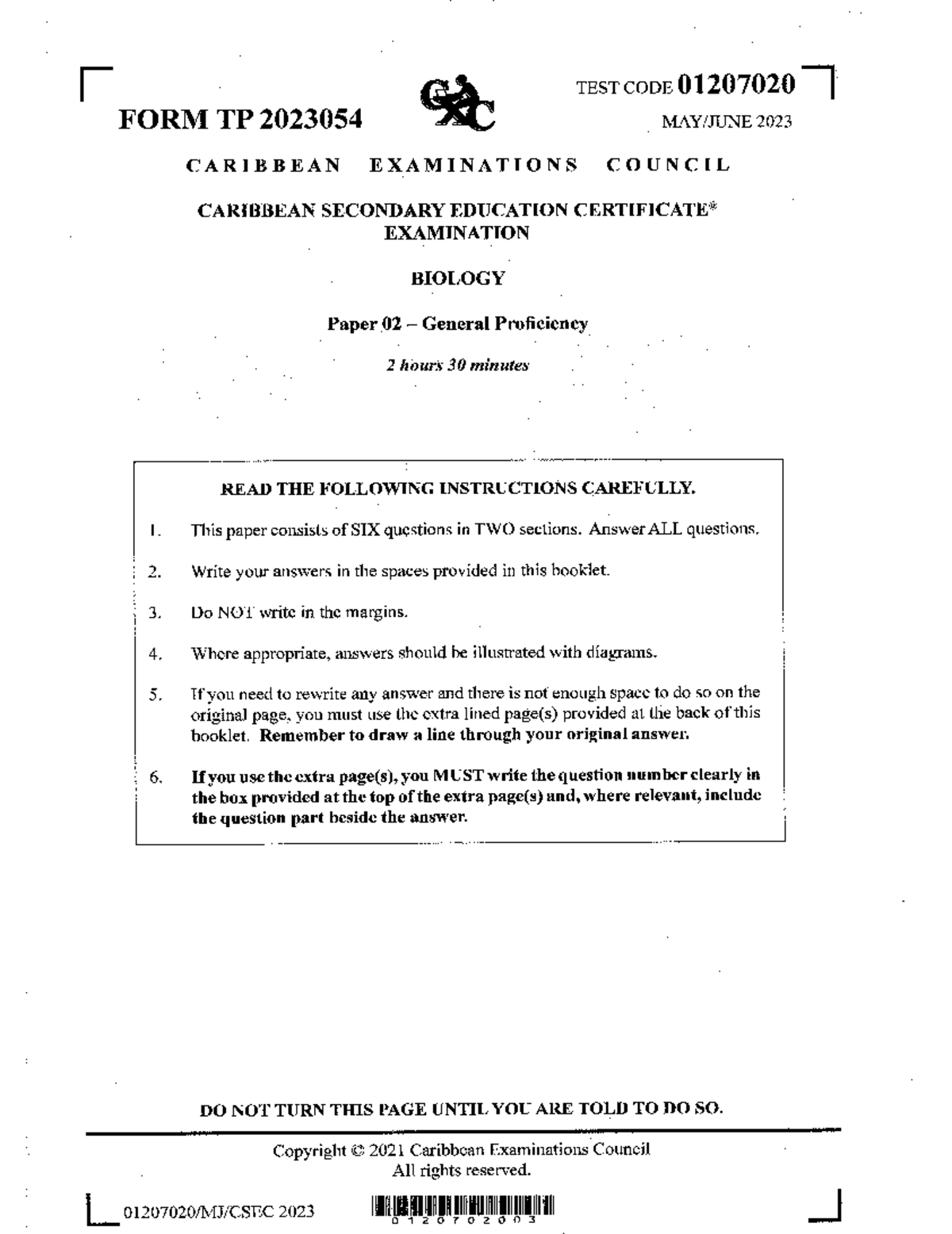 CSEC Biology Paper 02 - General Proficiency Exam - Studocu