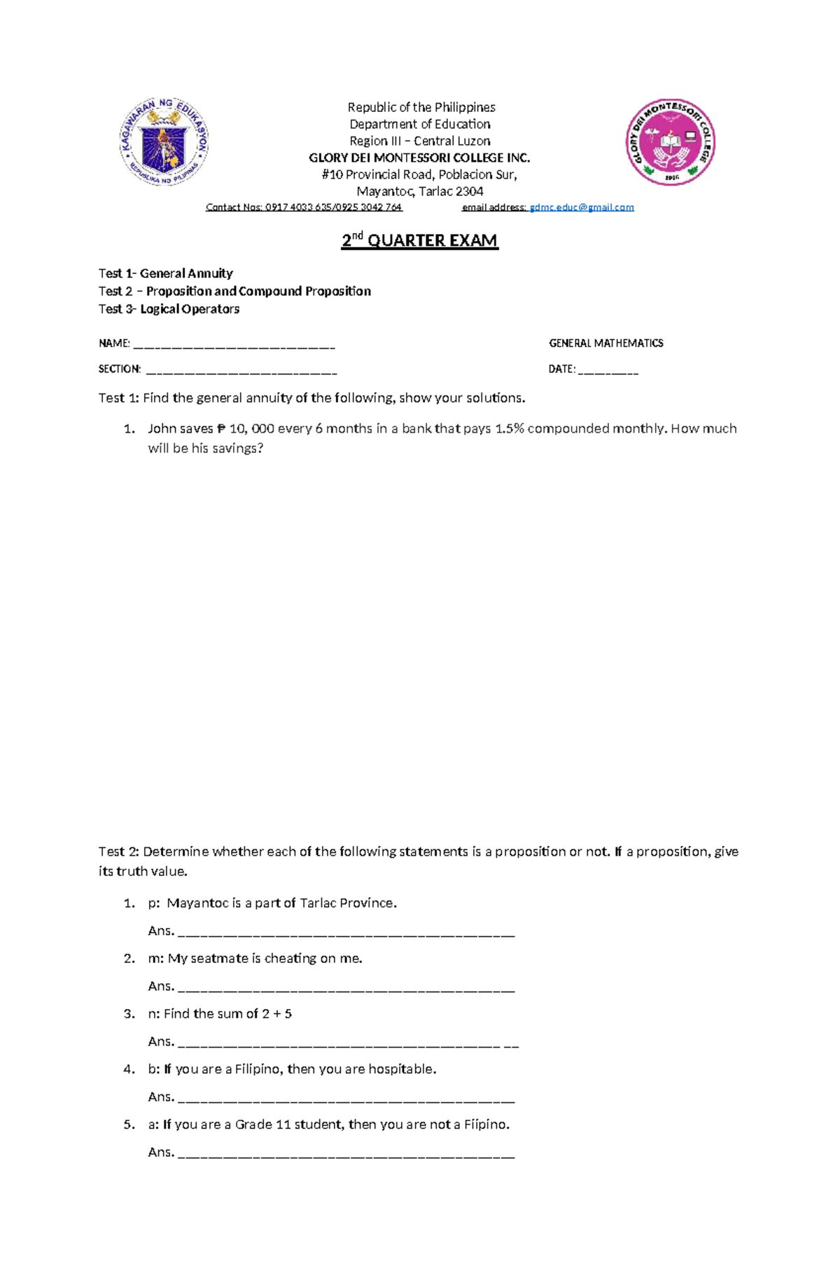 A GEN=MATH - 2nd Quarter Exam on General Annuity & Propositions - Studocu