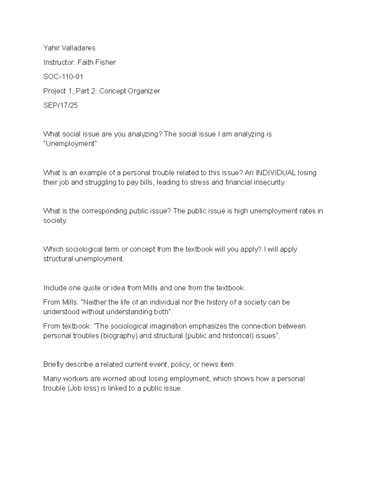 SOC 101: Project 1, Part 2 - Concept Organizer on Unemployment Issues ...