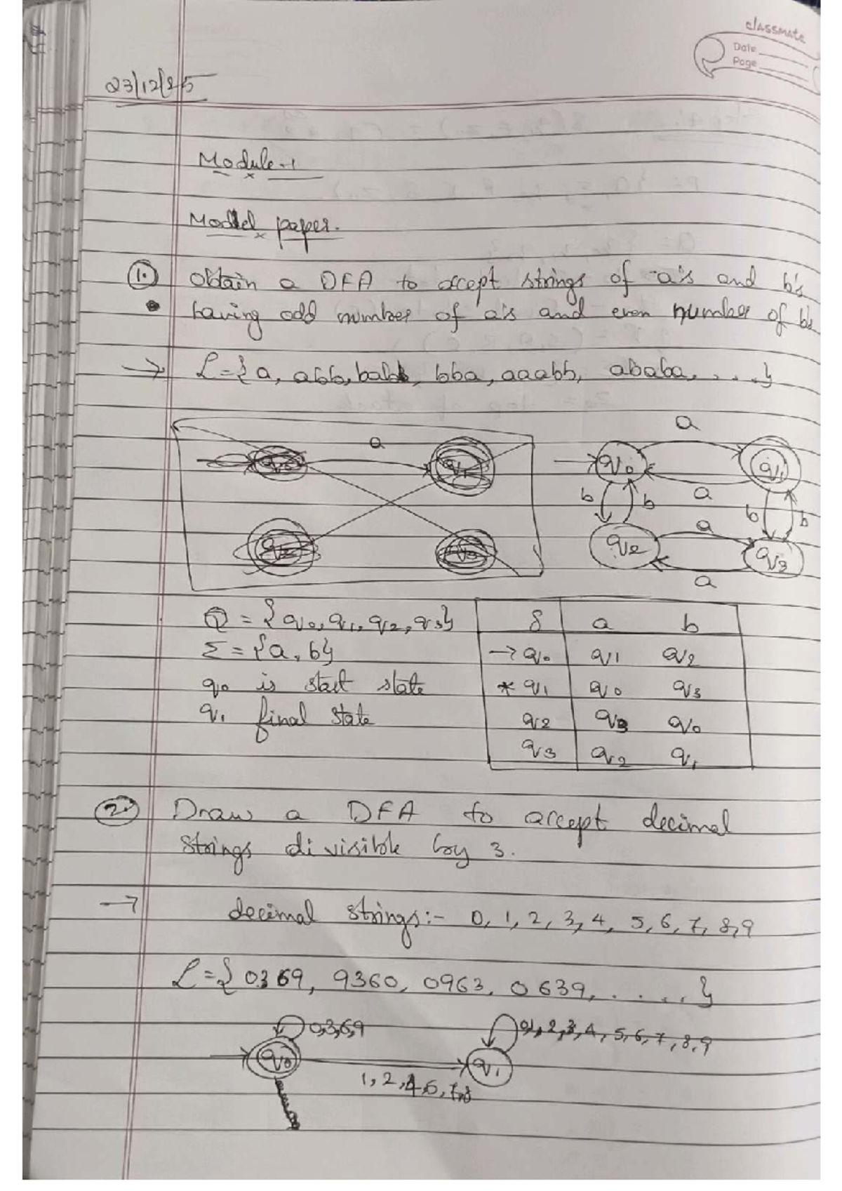 DFA and NFA Concepts - Classmate Date Page Modiel Paper - Studocu