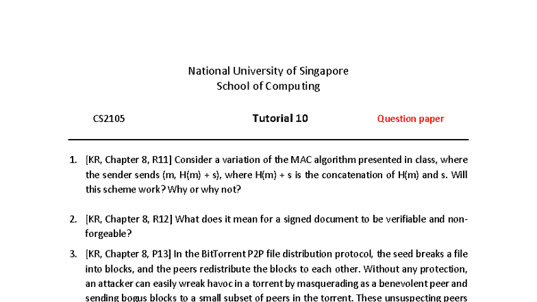 CS2105 Tutorial 10 Questions: MAC Algorithm & BitTorrent Integrity - Studocu