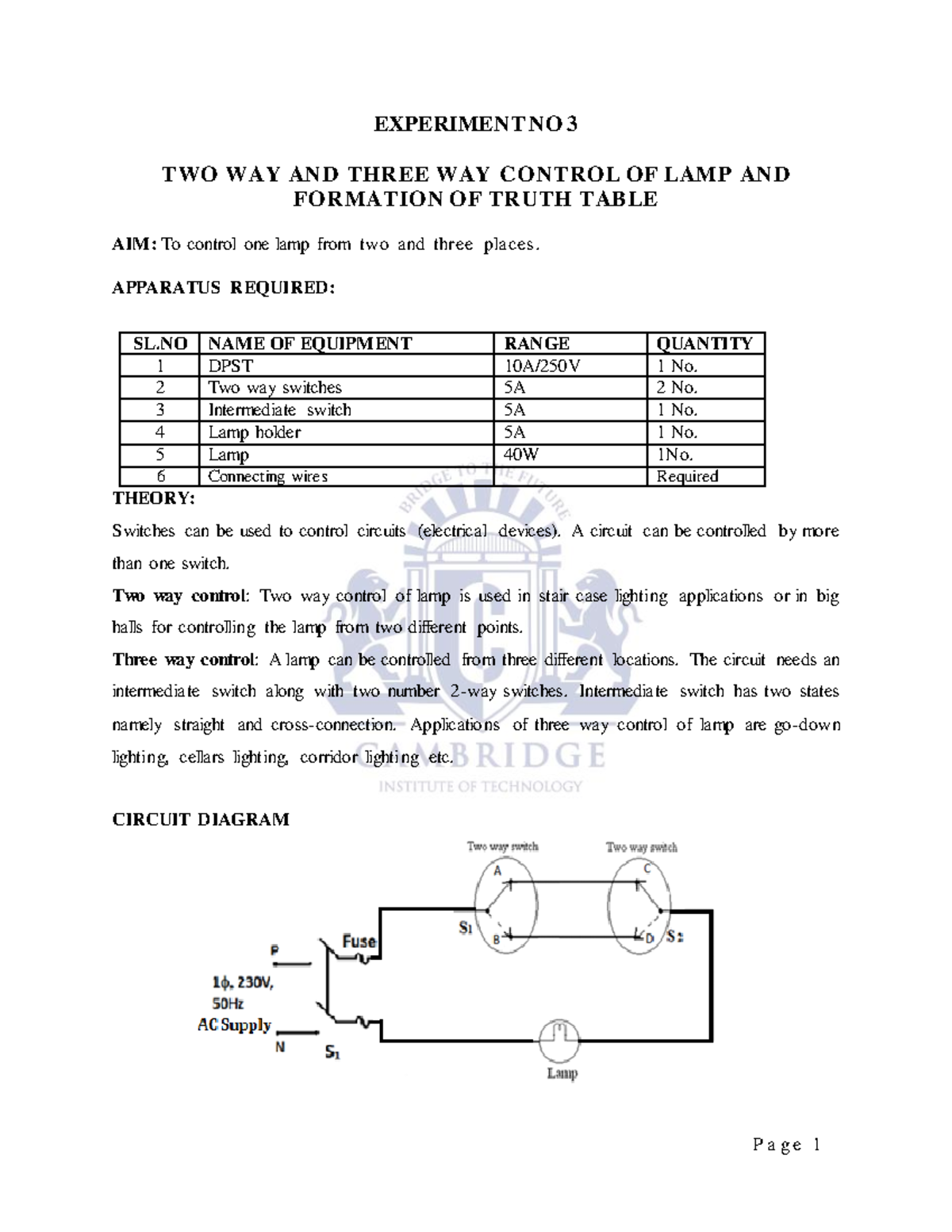 Lab Report: Two Way and Three Way Lamp Control & Truth Table Formation ...