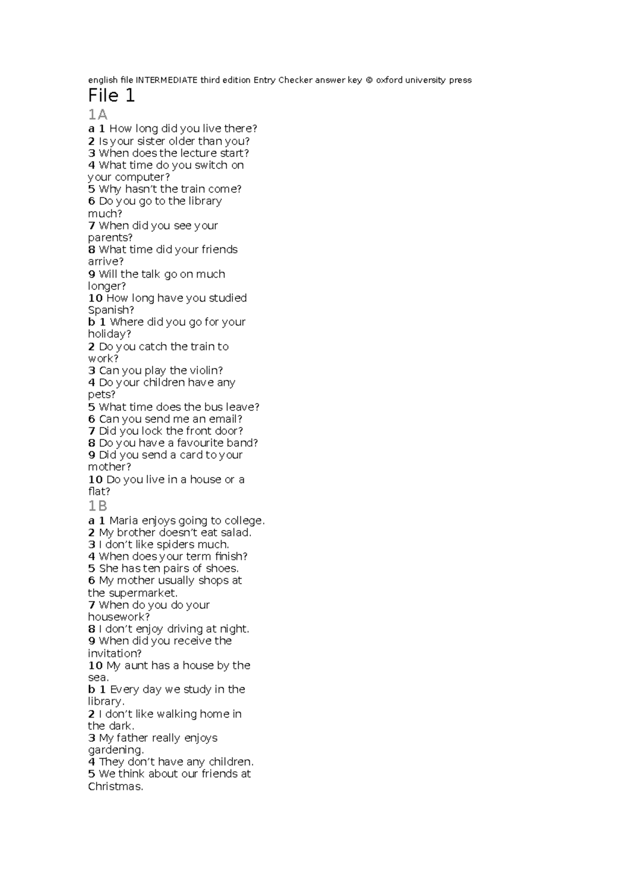 English File Intermediate 3rd Edition - Entry Checker Answer Key - Studocu