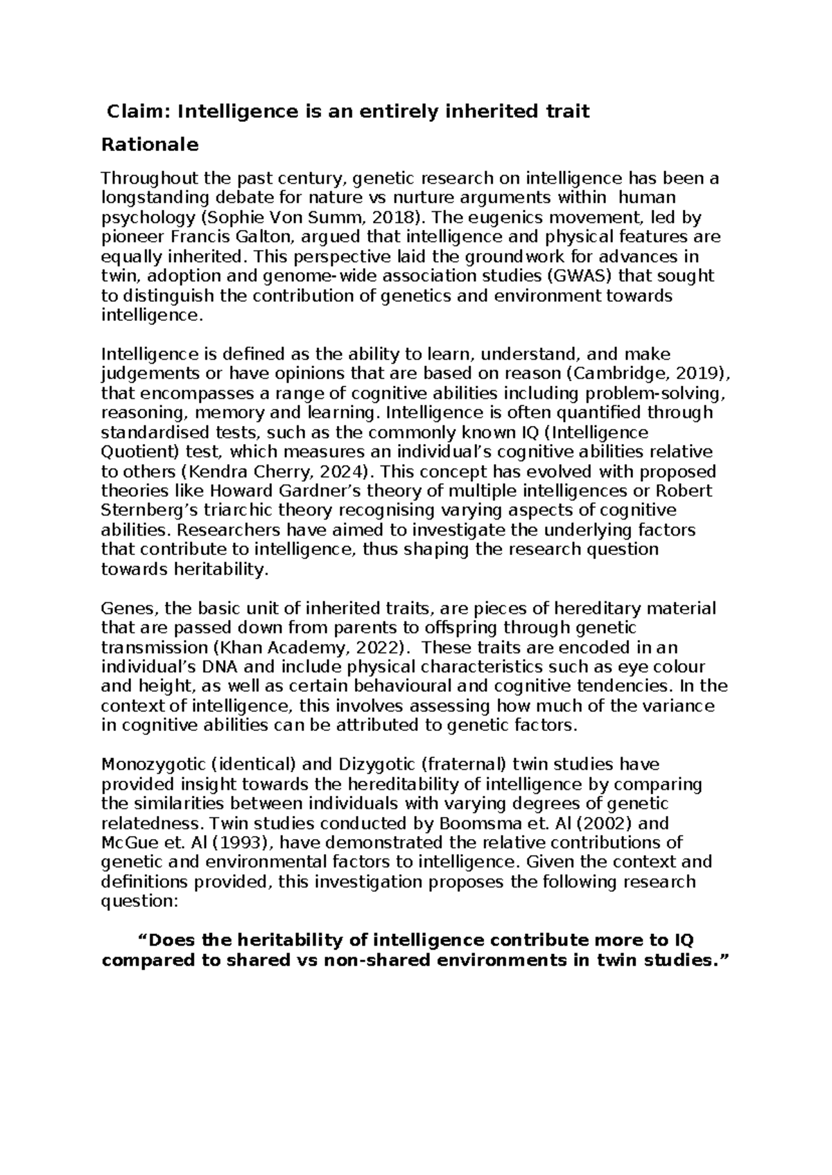 Psychology FA3 - Claim: Intelligence is an entirely inherited trait ...