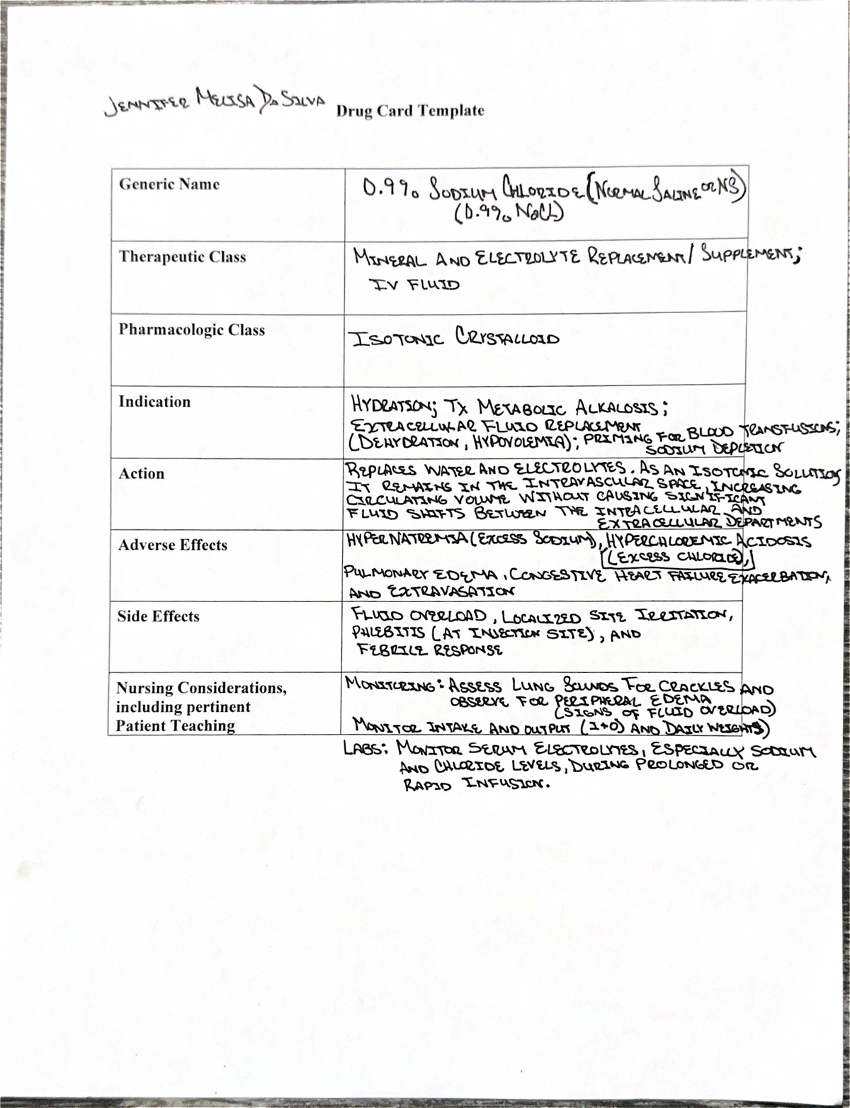 Drug Card: 0.9 Sodium Chloride (Normal Saline) - IV Fluid Info - Studocu