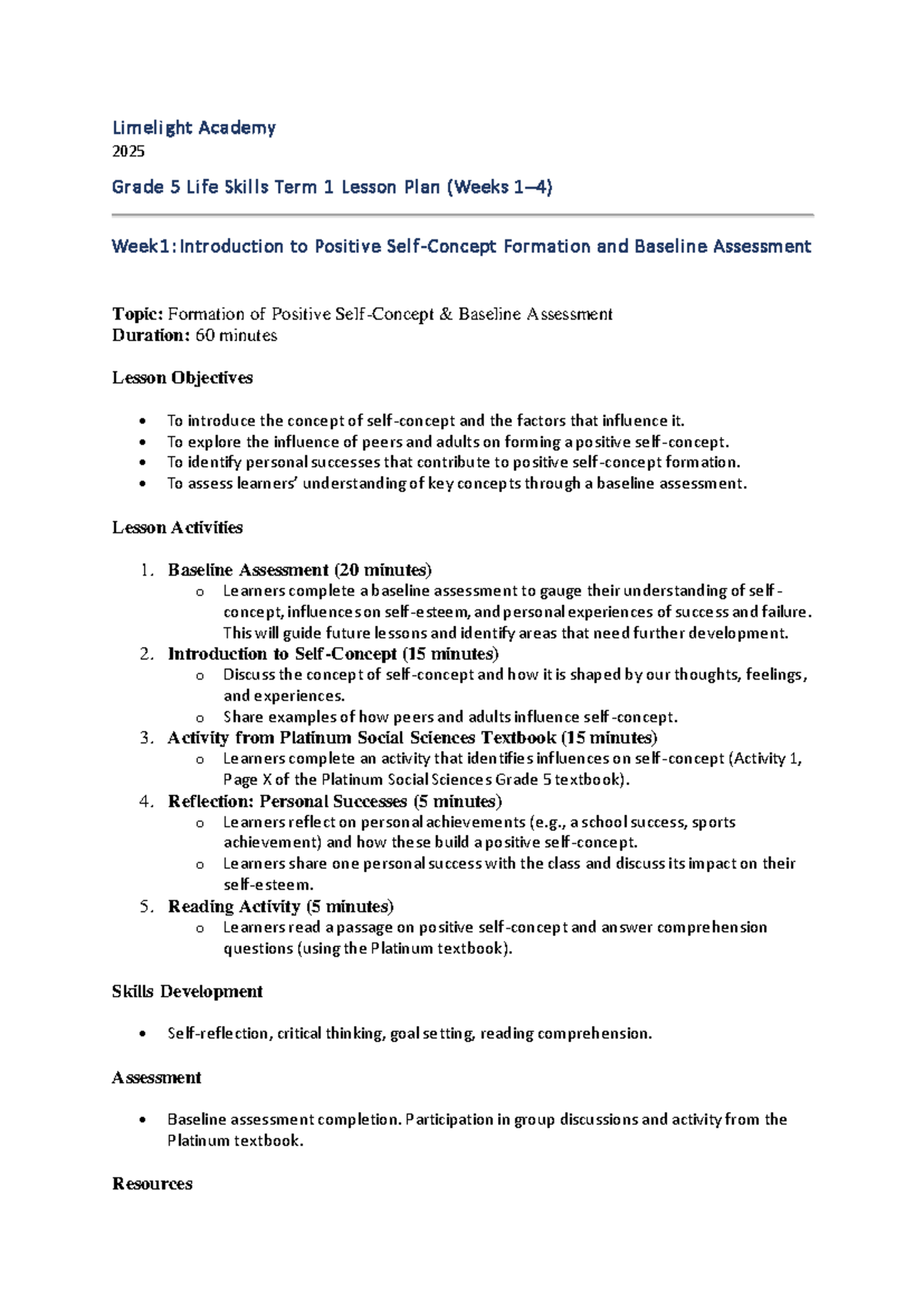 Grade 5 Life Skills Lesson Plans for Term 1: Self-Concept & Feedback ...