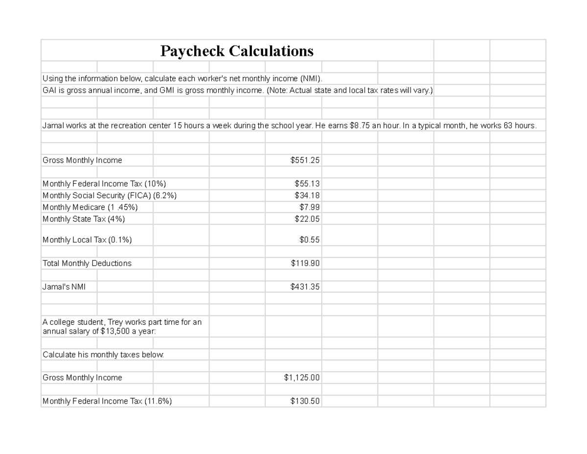 Paycheck Calculations: NMI & Tax Deductions Analysis - Studocu