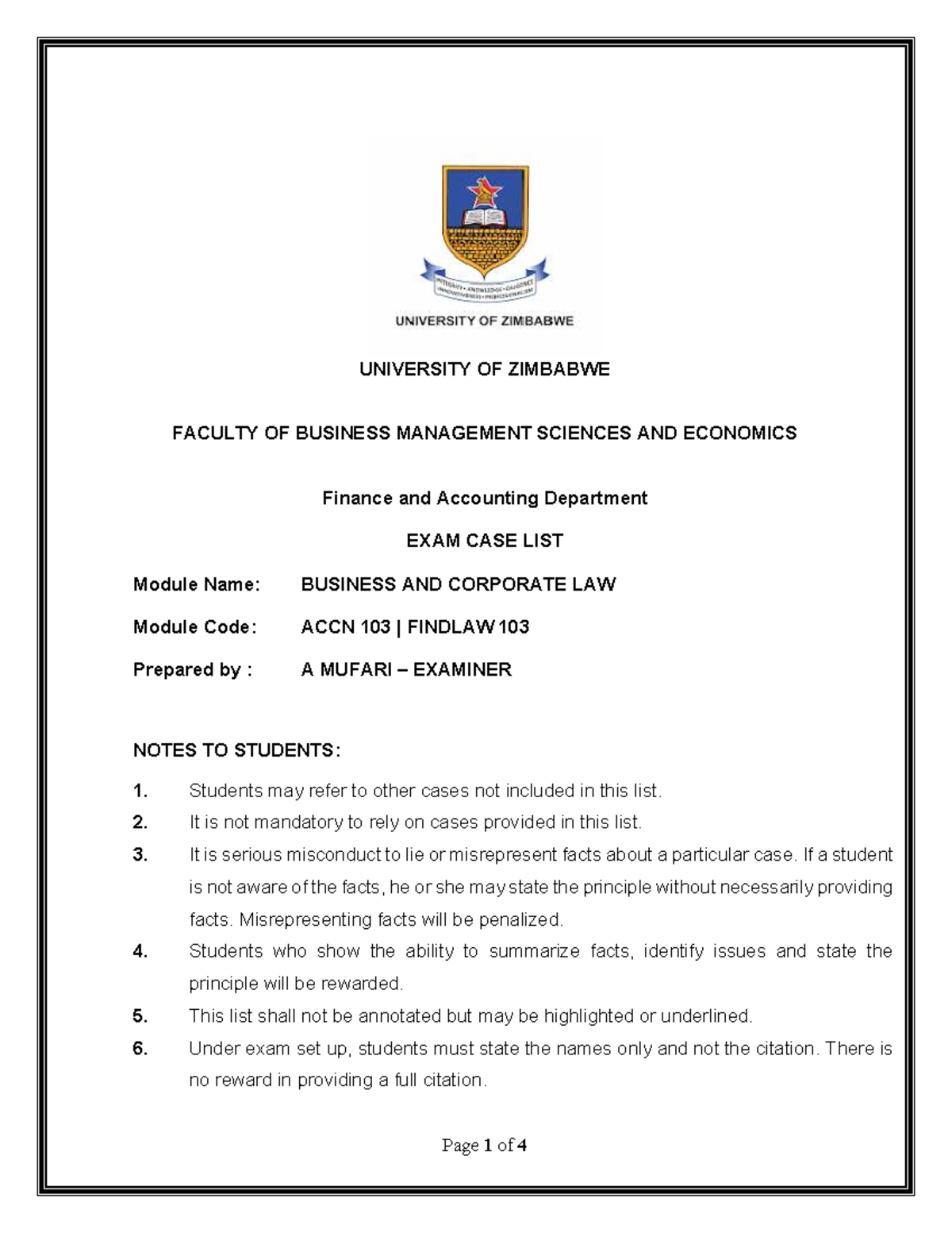ACCN 103 Exam Case List for Business and Corporate Law - Studocu