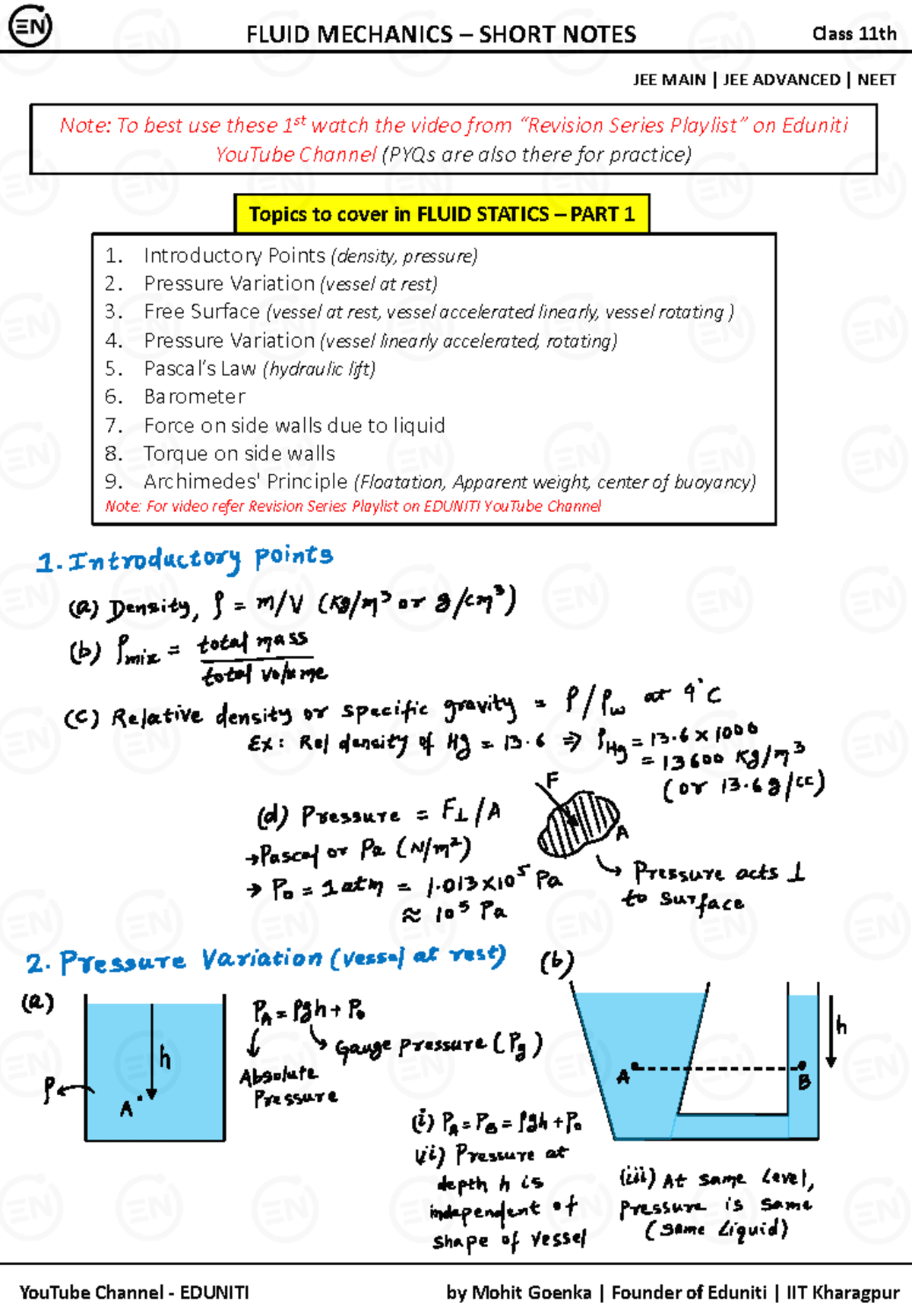 Fluid Mechanics Short Notes Class 11th JEE Main & Advanced - Studocu