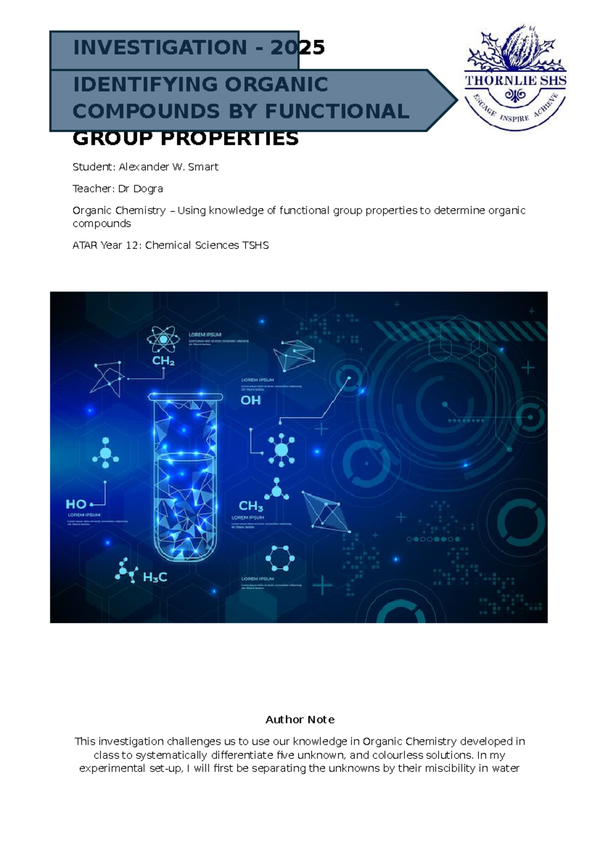 Chem - Organic Chemistry ATAR Investigation: Identifying Unknown ...