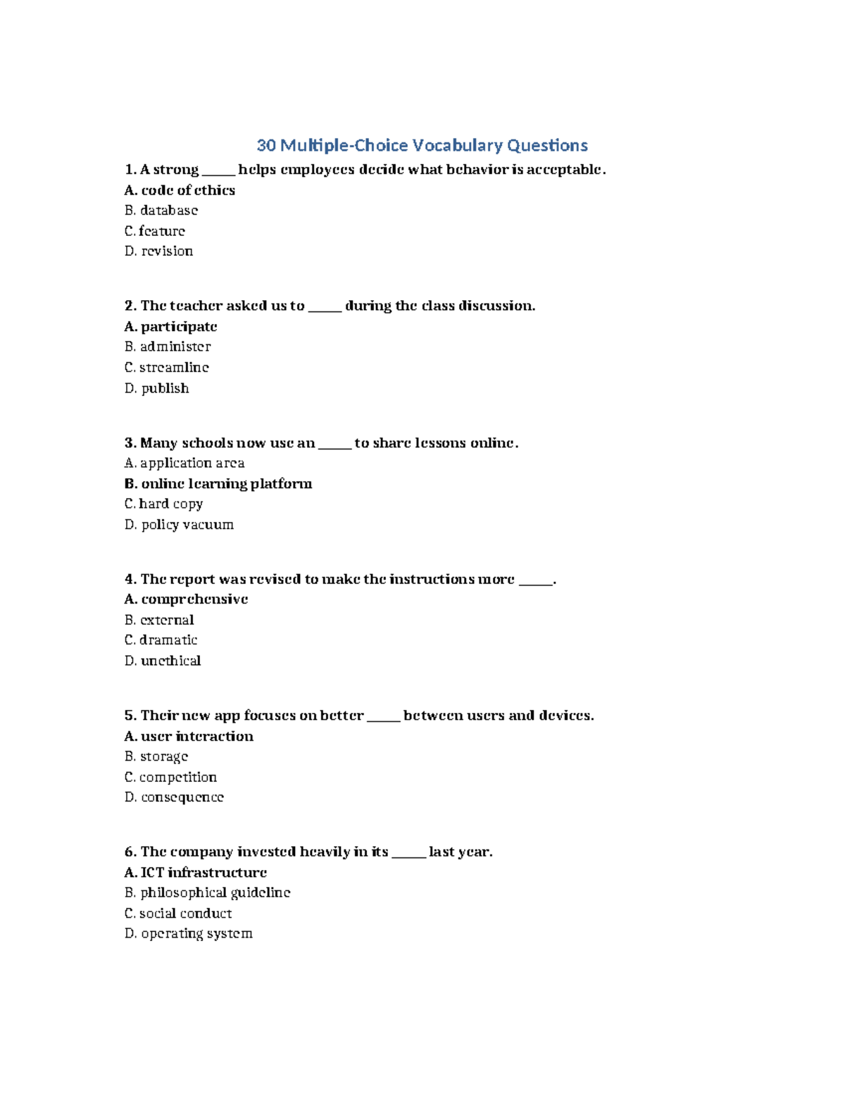 30 Vocabulary Questions for Exam Preparation - Studocu