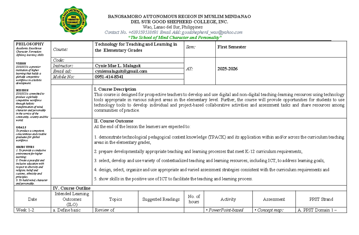 Syllabus for BEED TTL 2: Integrating Technology in Teaching - Studocu