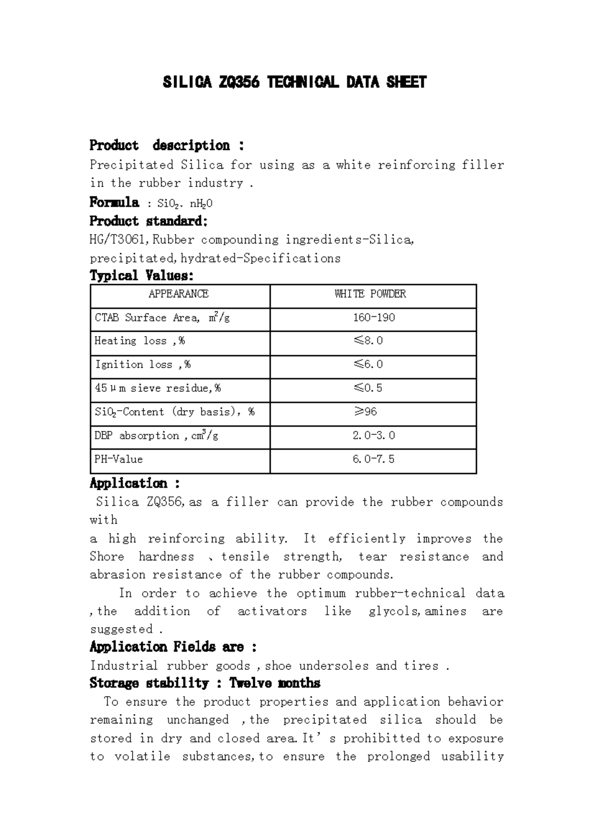 Silica ZQ356 Technical Data Sheet (TDS) for Rubber Industry - Studocu
