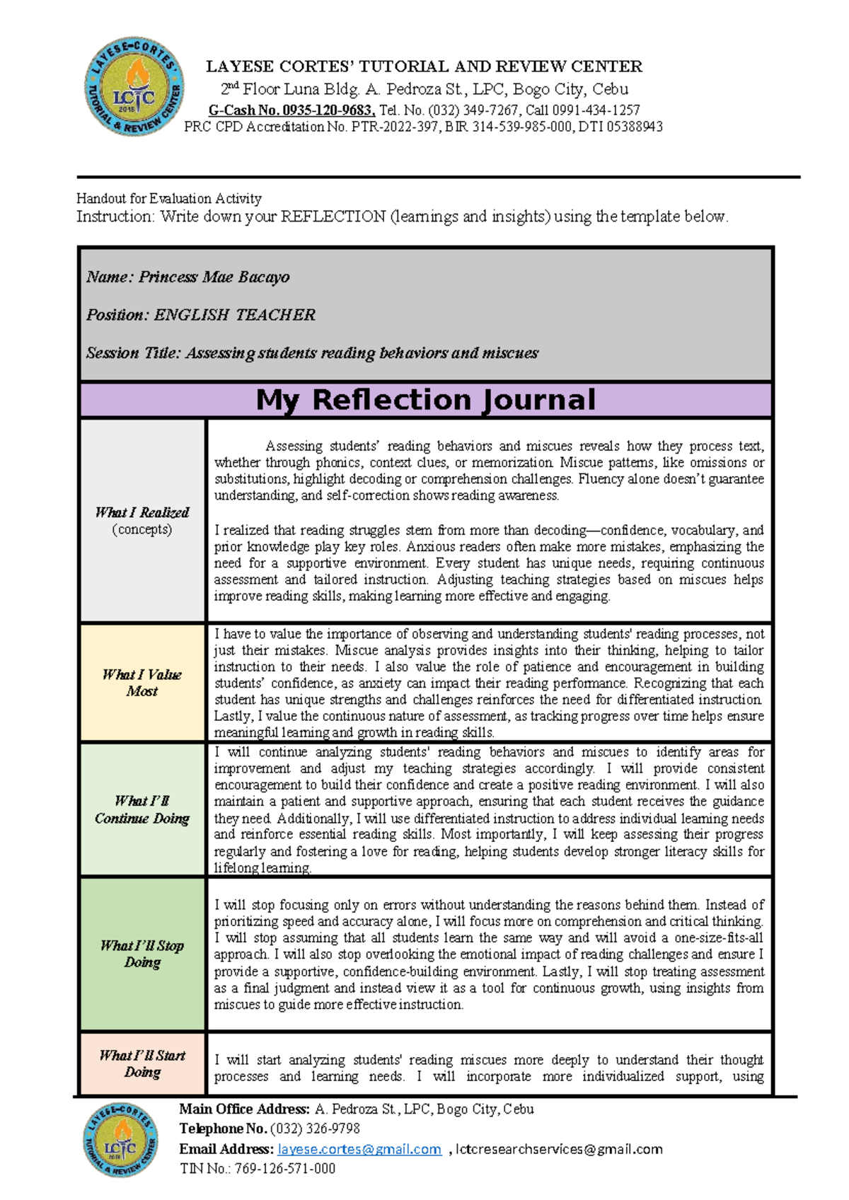 DAY1 Reflection on Assessing Students' Reading Behaviors and Miscues - Studocu