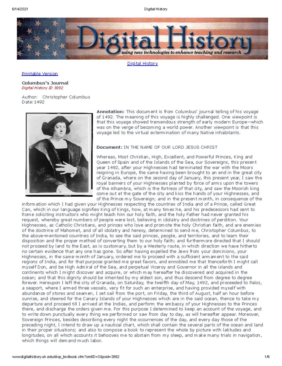 Columbus's Journal: A Detailed Account of His 1492 Voyage - Studocu