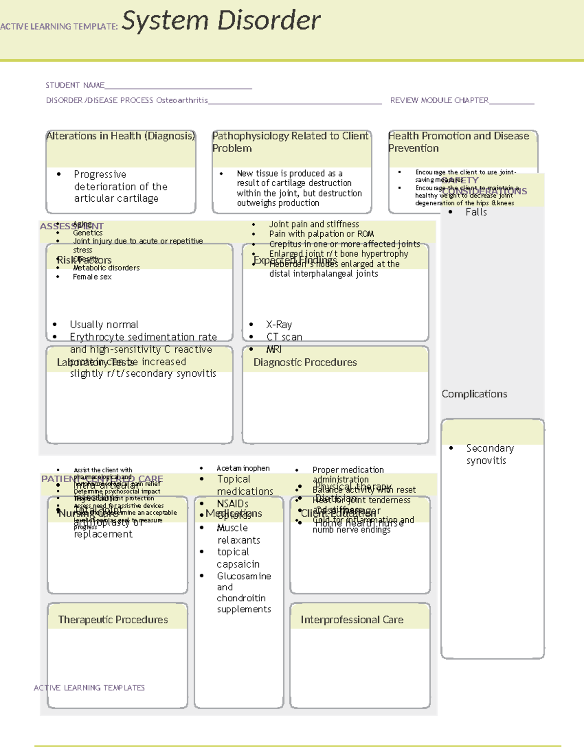 Osteoarthritis - ATI System Disorder Sheet: Comprehensive Care Review ...